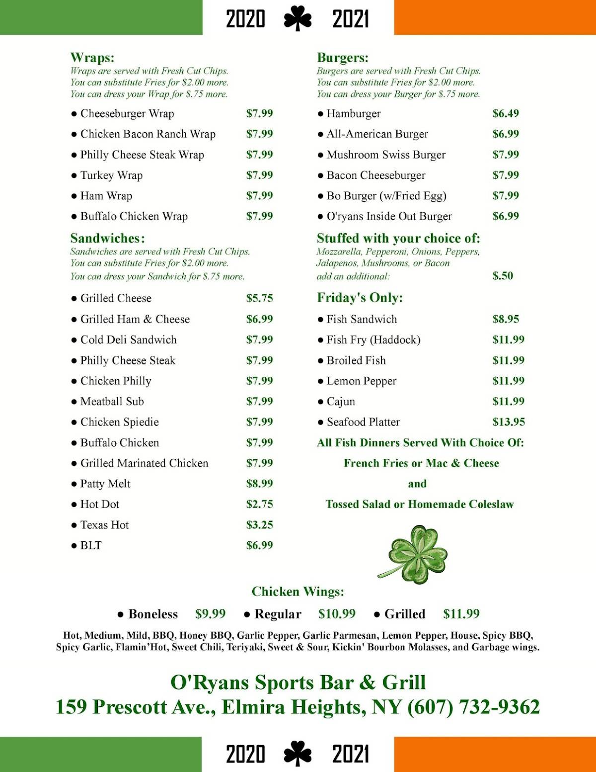 Menu at O'Ryans Sports Bar And Grill, Elmira Heights