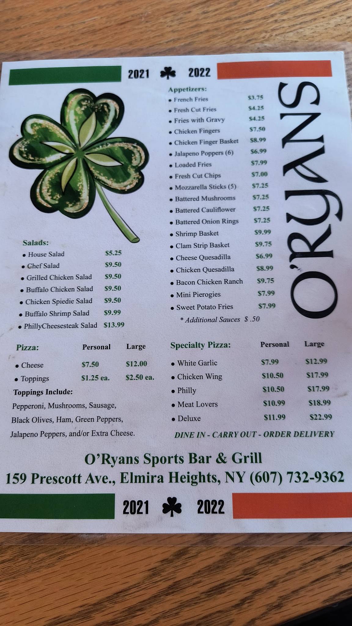 Menu at O'Ryans Sports Bar And Grill, Elmira Heights