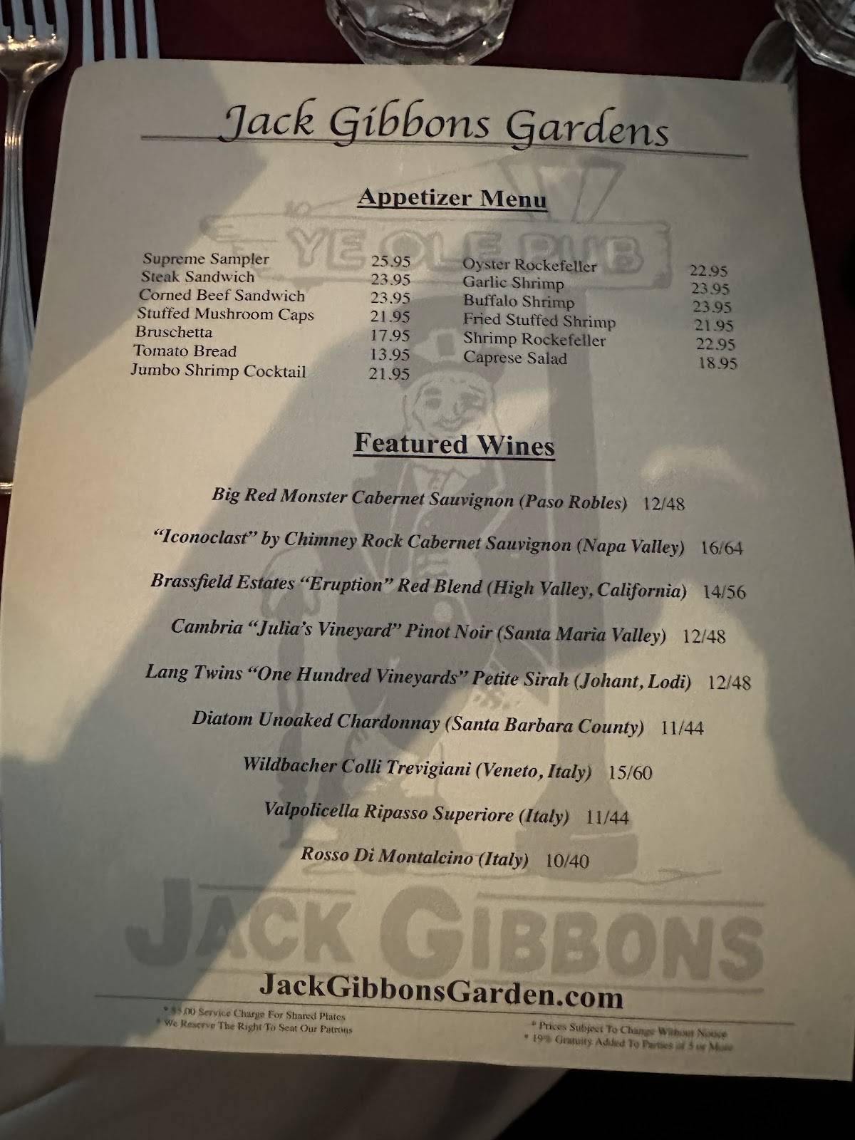Menu at Jack Gibbons Gardens steakhouse, Oak Forest