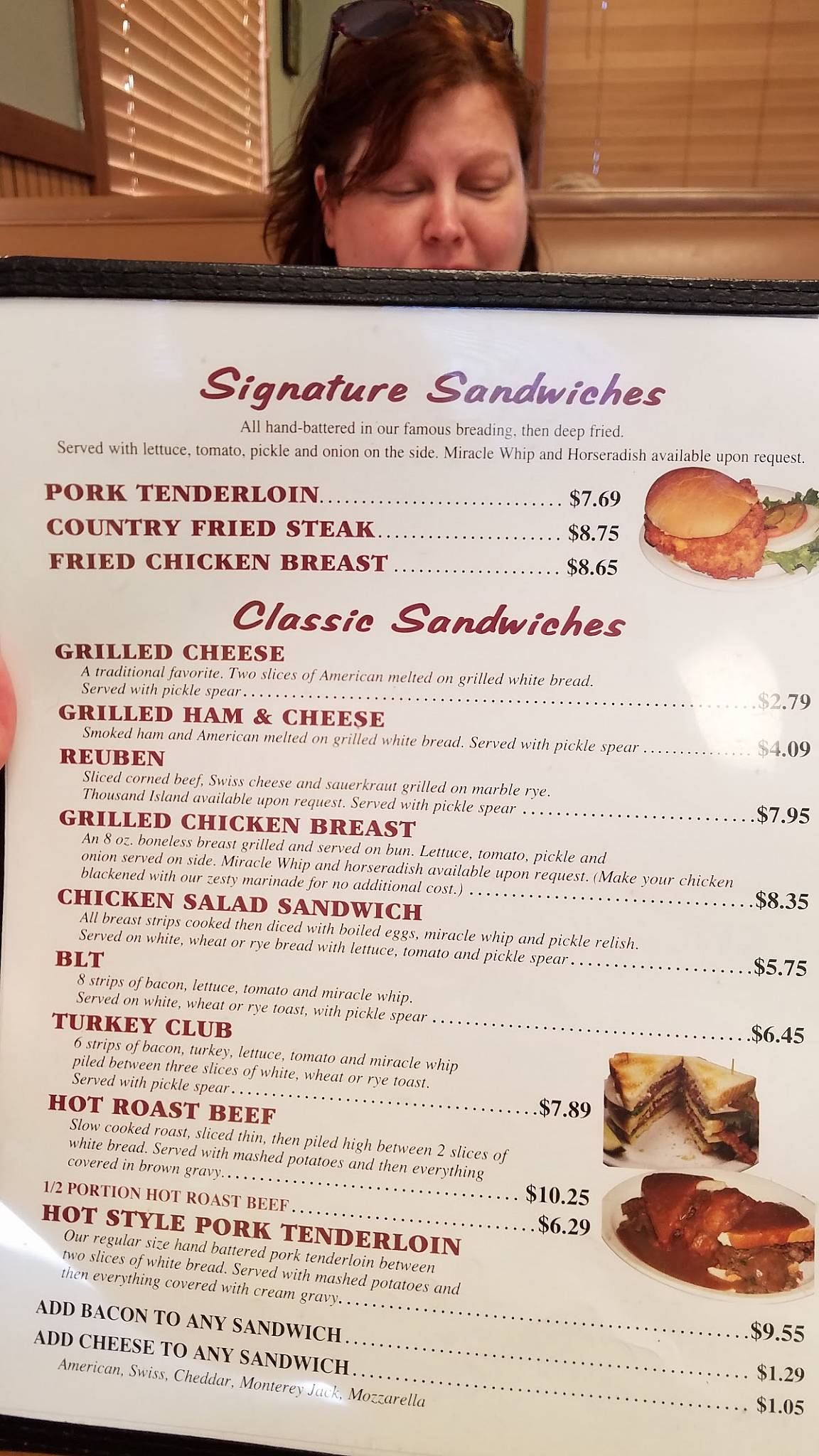 Menu at PT's restaurant, Oak Grove