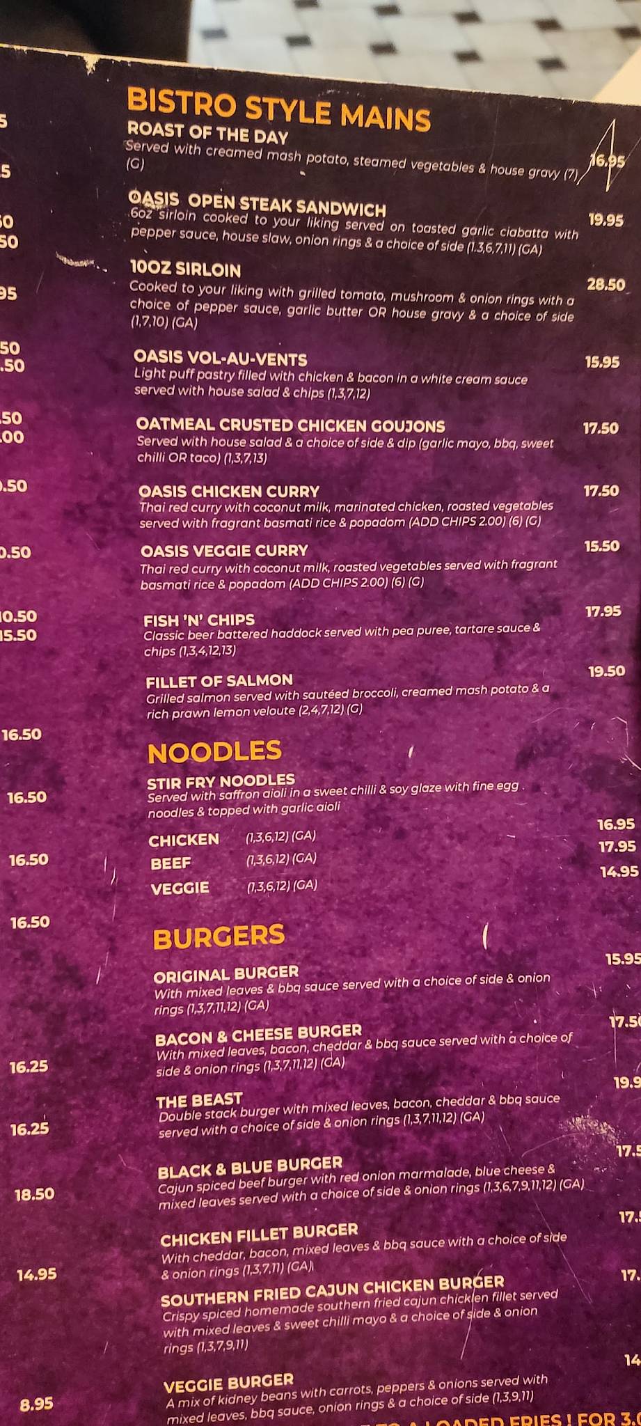 Menu at Oasis Bar, Letterkenny, Unit 12A-B Letterkenny Shopping Centre