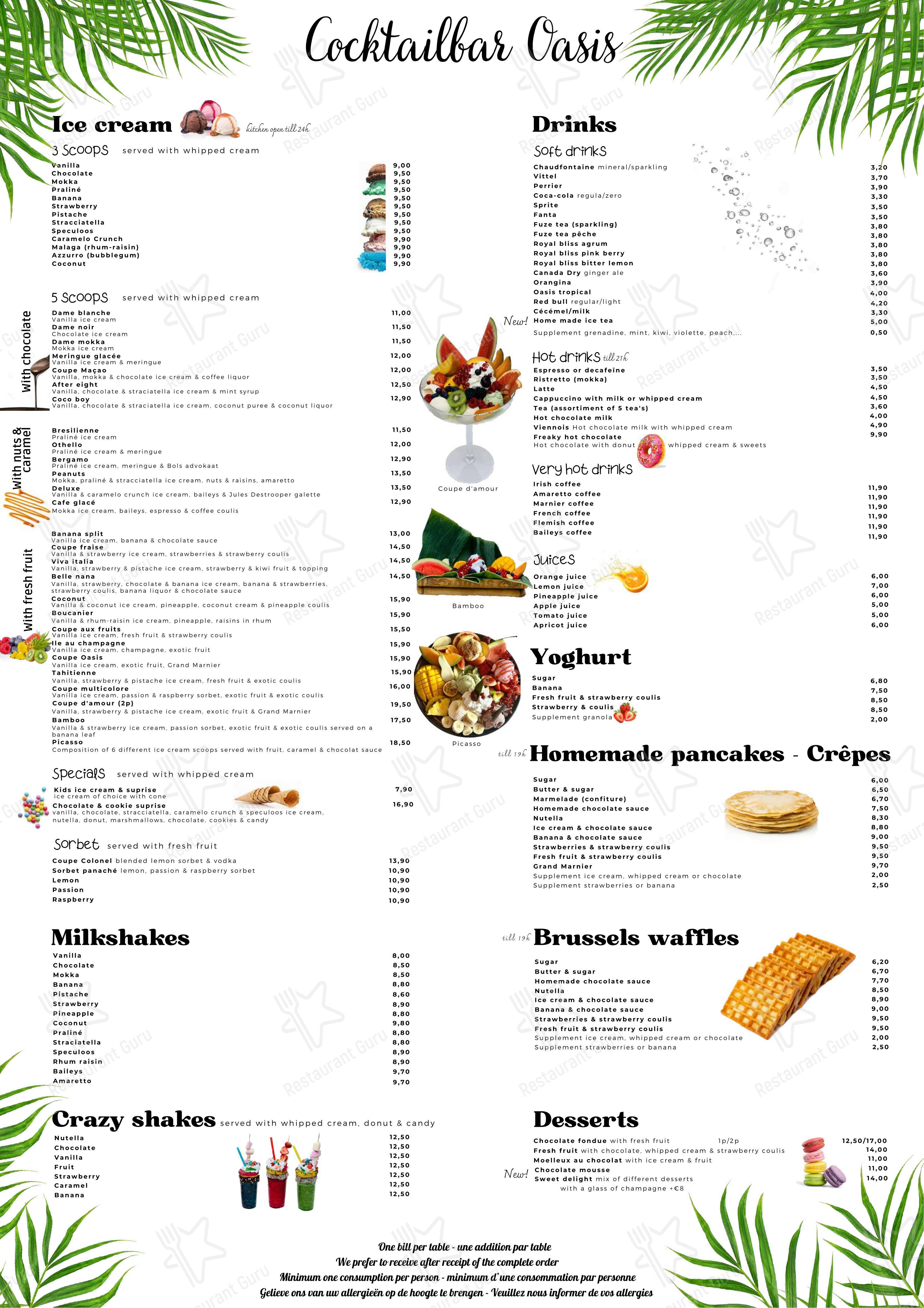Menu at Oasis, De Panne