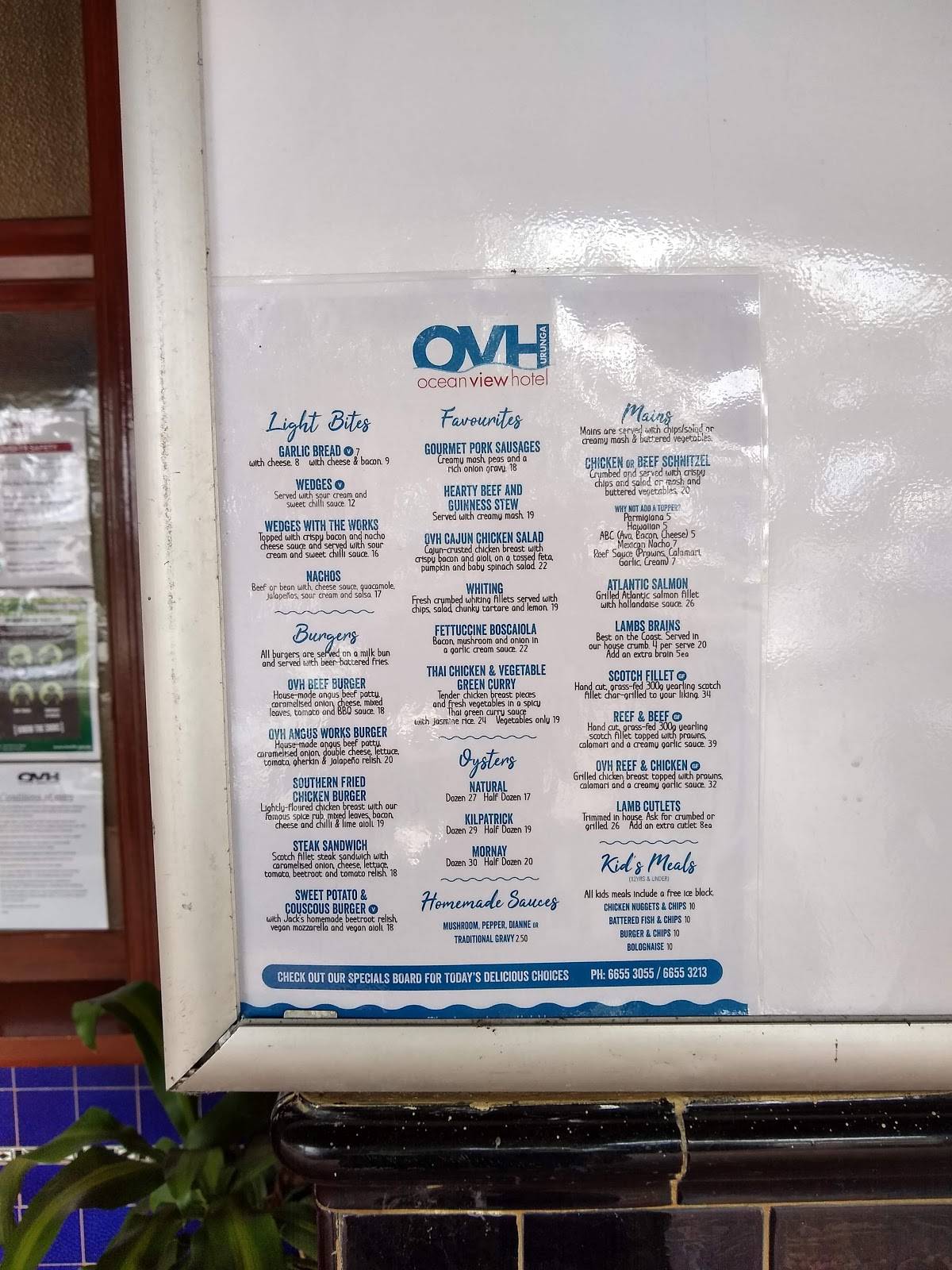 Menu at Ocean View Hotel pub & bar, Urunga