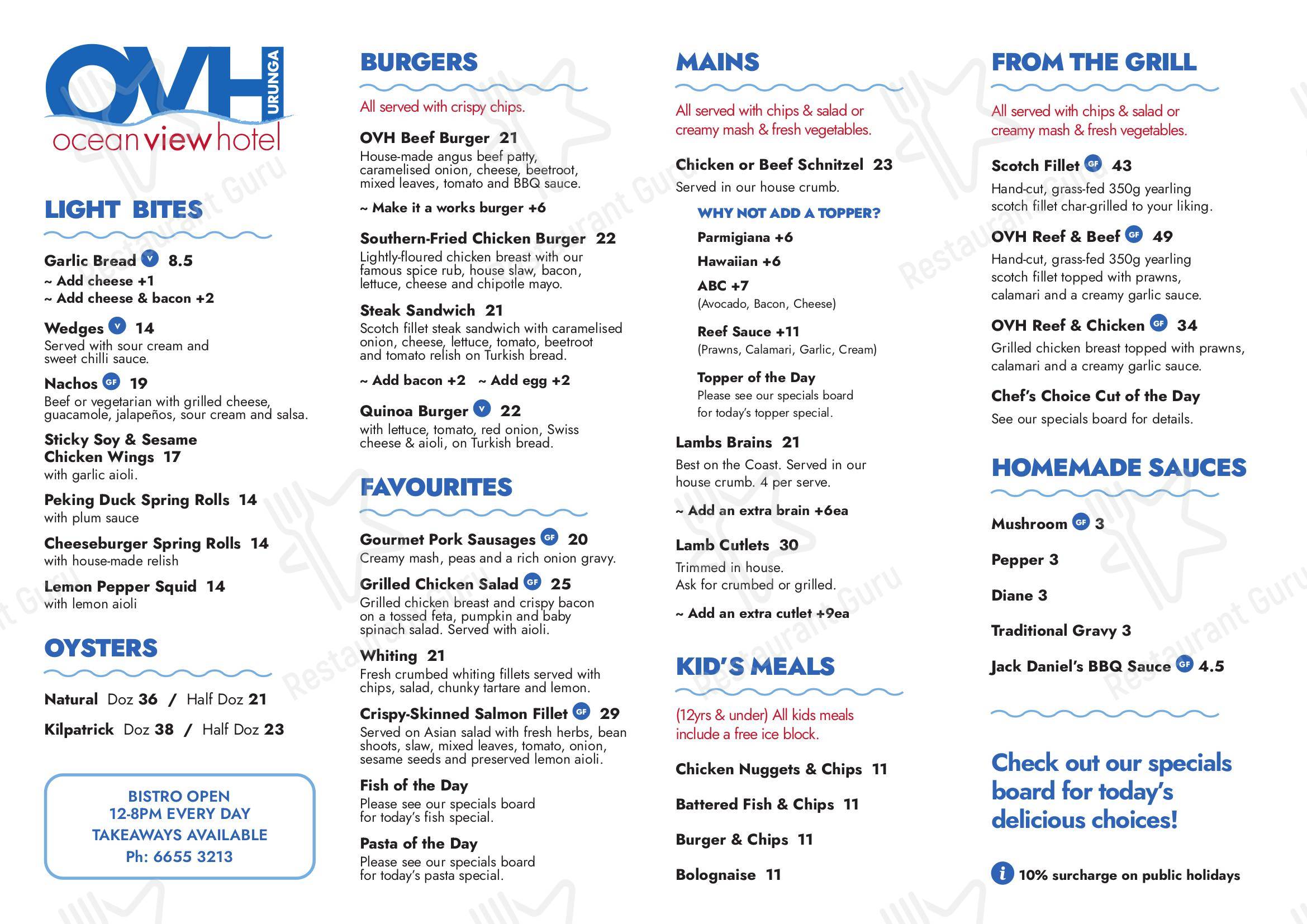 Menu at Ocean View Hotel pub & bar, Urunga