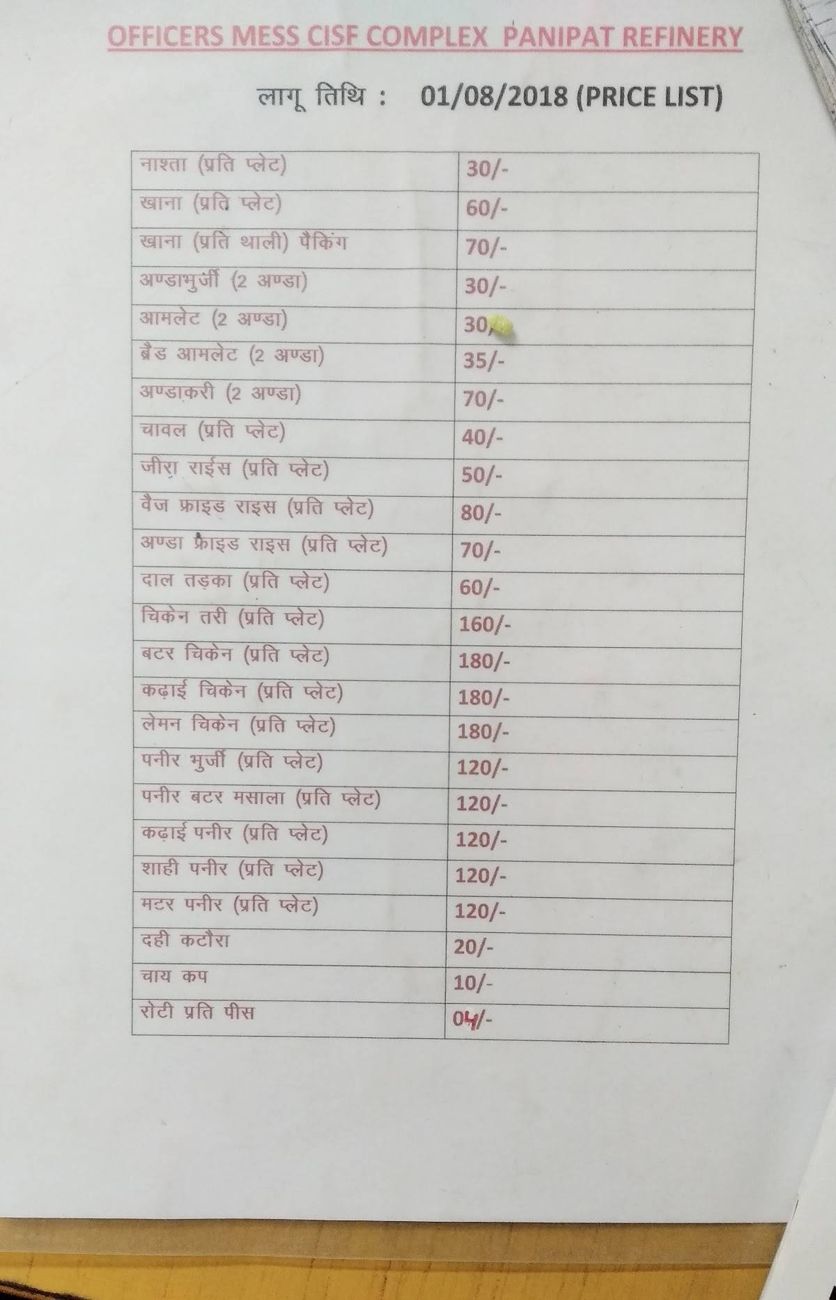Menu at Officers Mess CISF Township, Kutana