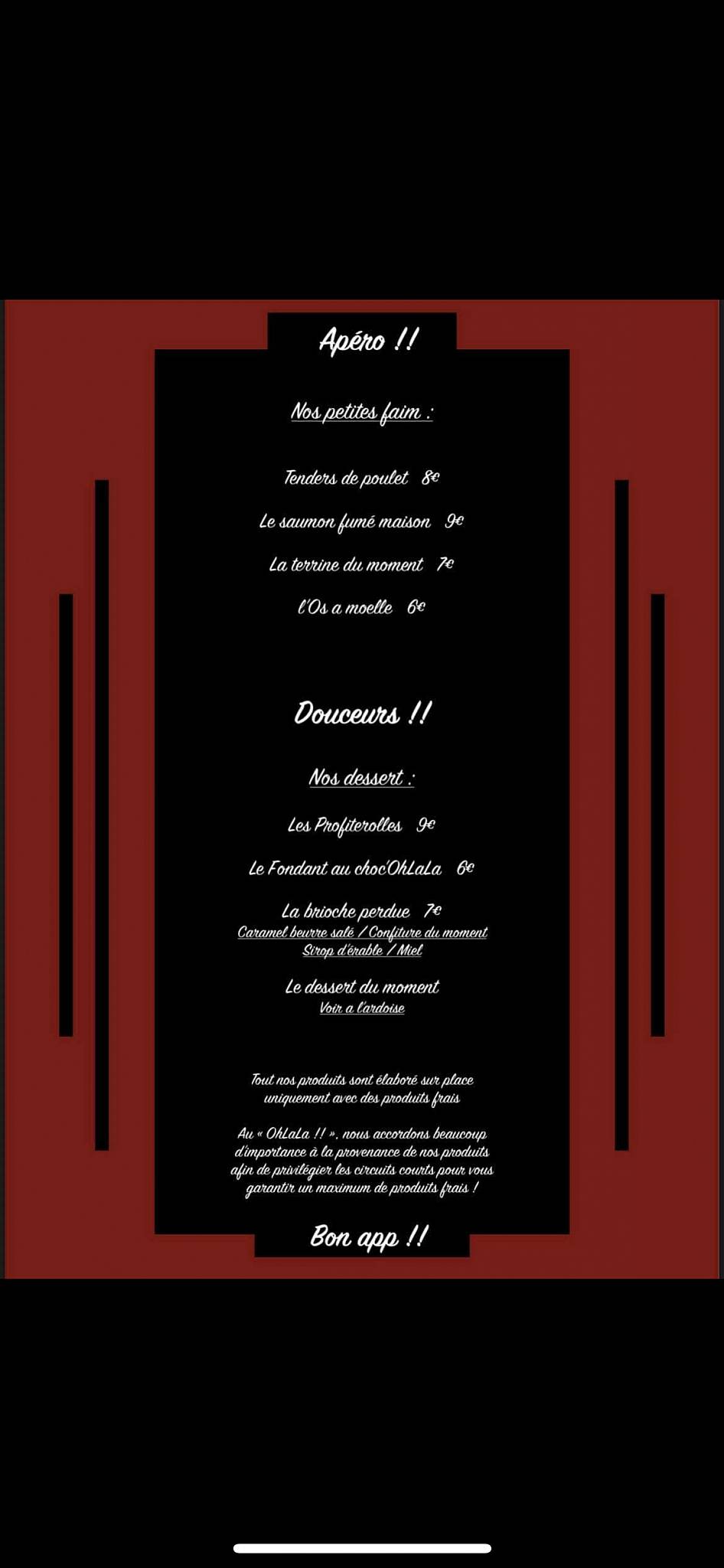 Menu at Oh La La !! restaurant, Bayeux