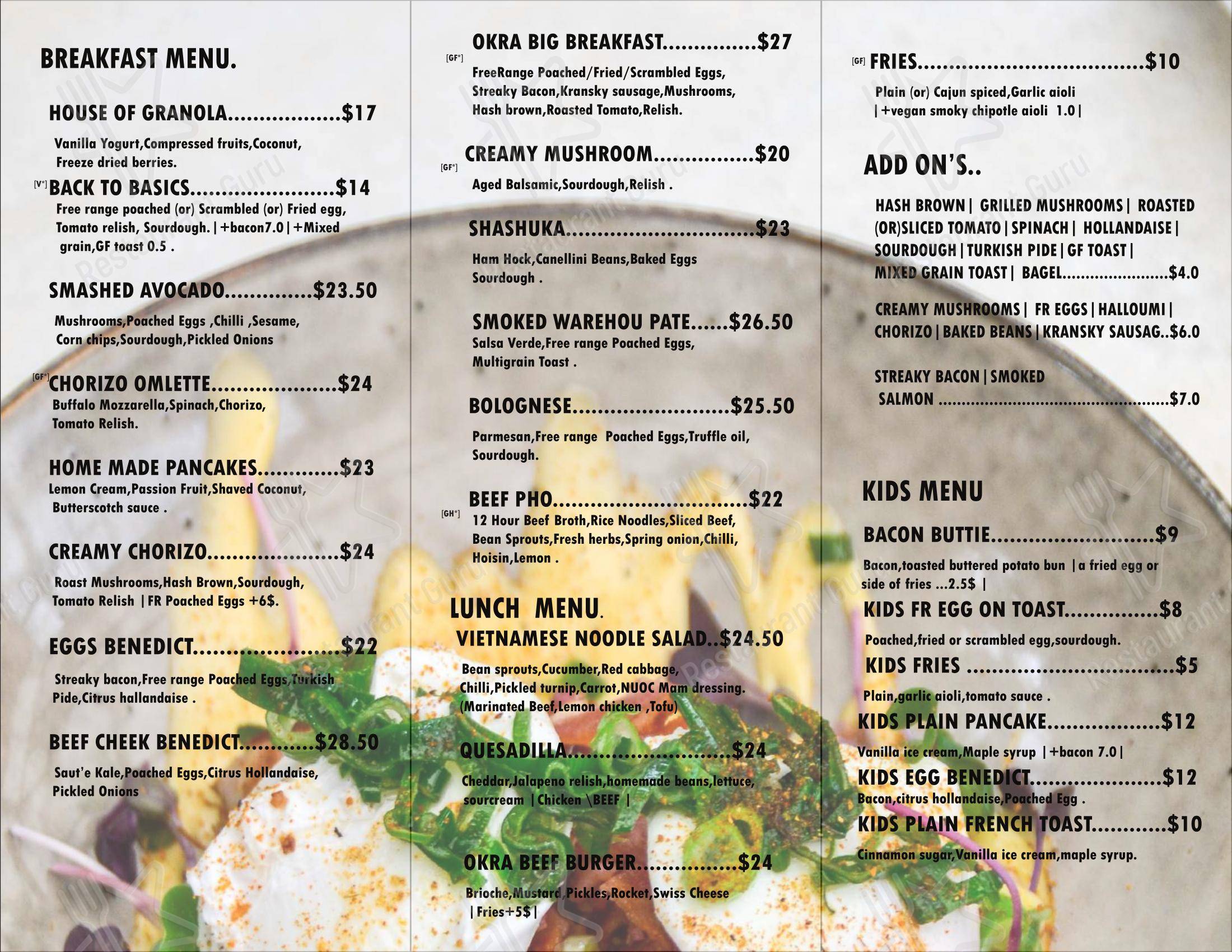 Menu at Okra Espresso Lounge, Sandringham cafe, Auckland