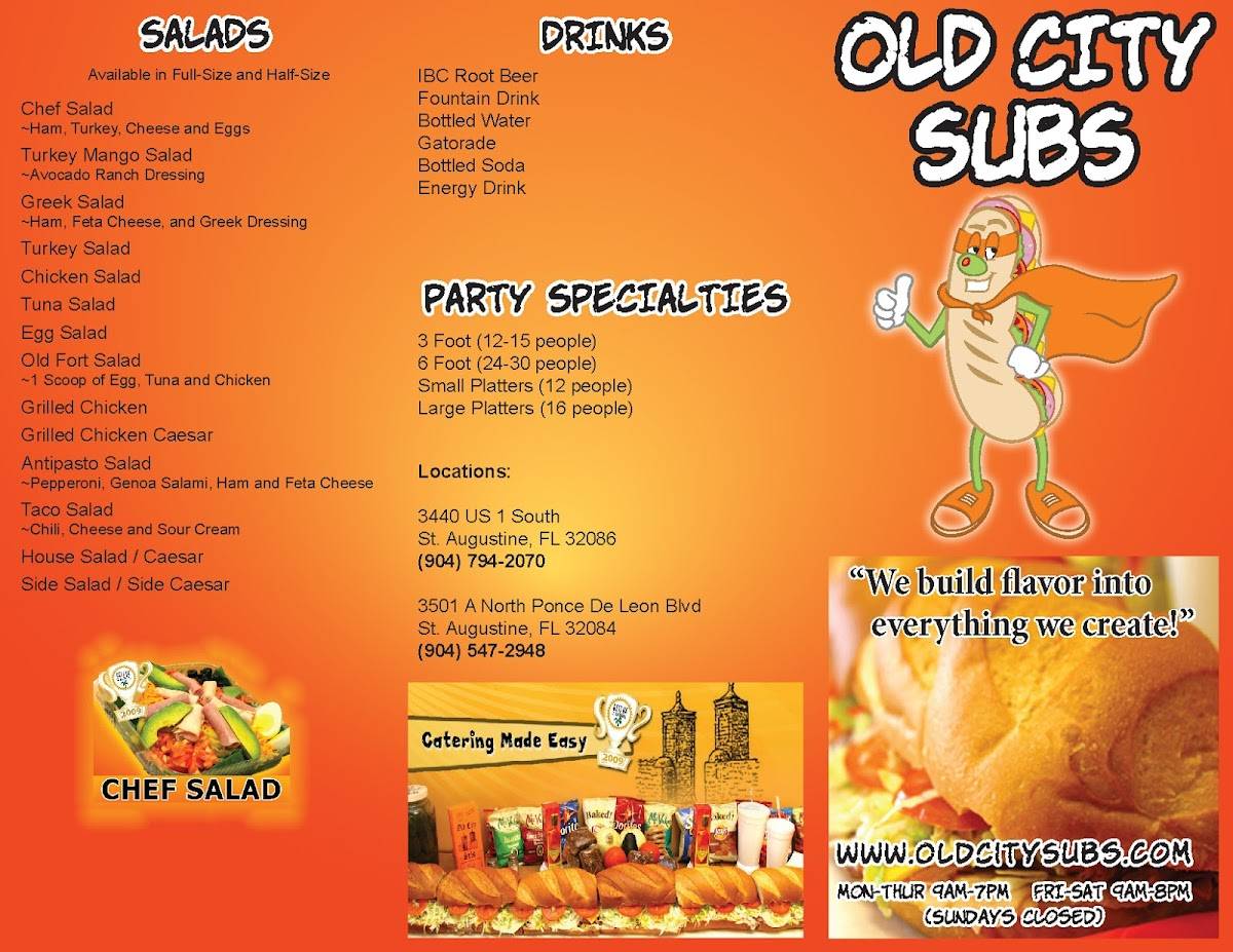 Menu at Old City Subs restaurant, St. Augustine, US-1