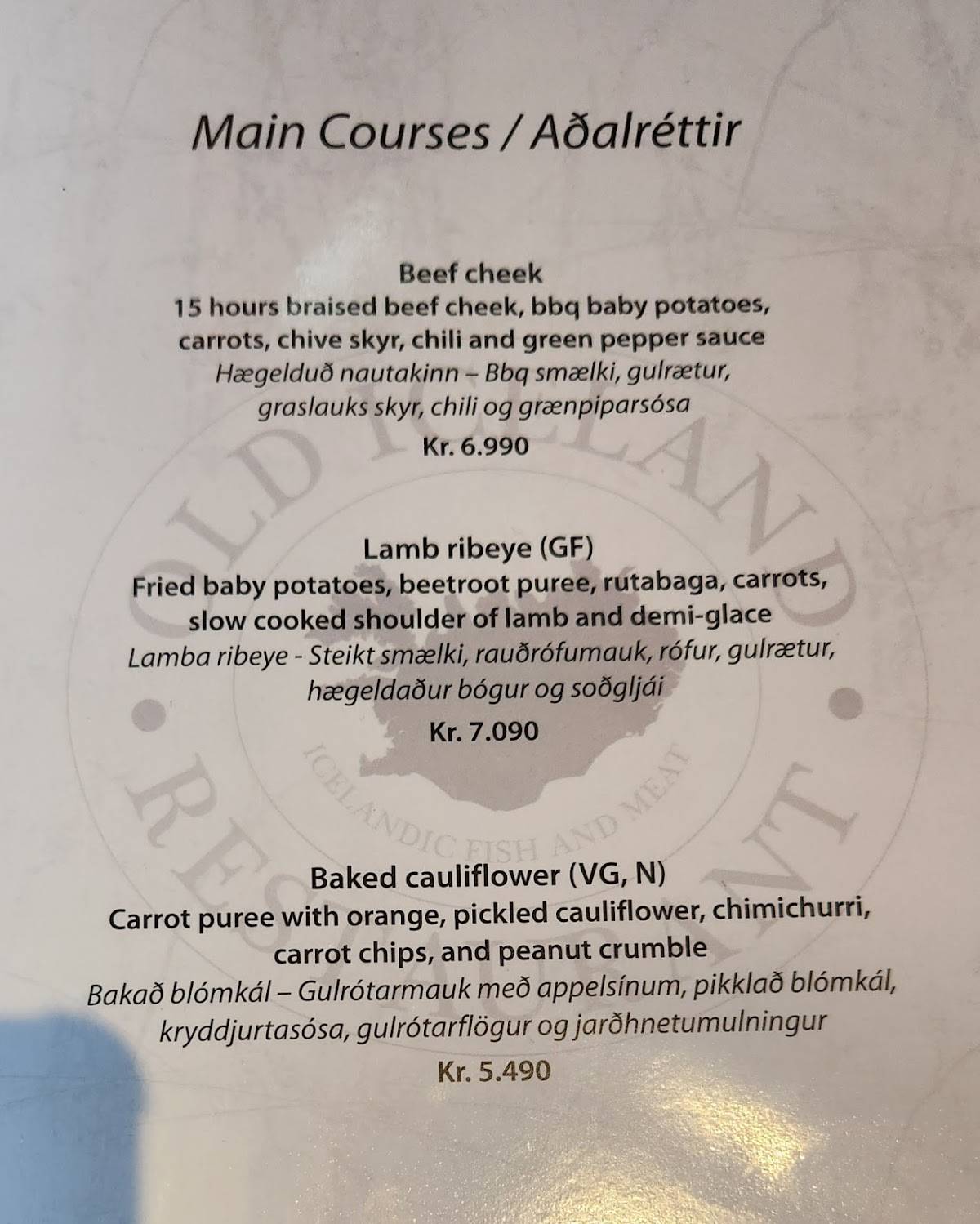 Menu at Old Iceland restaurant, Reykjavík
