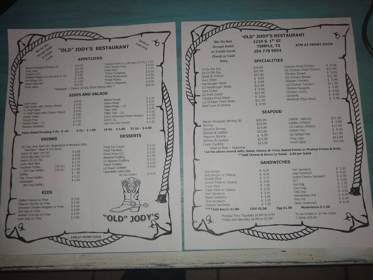 Menu at Old Jody's Restaurant, Temple