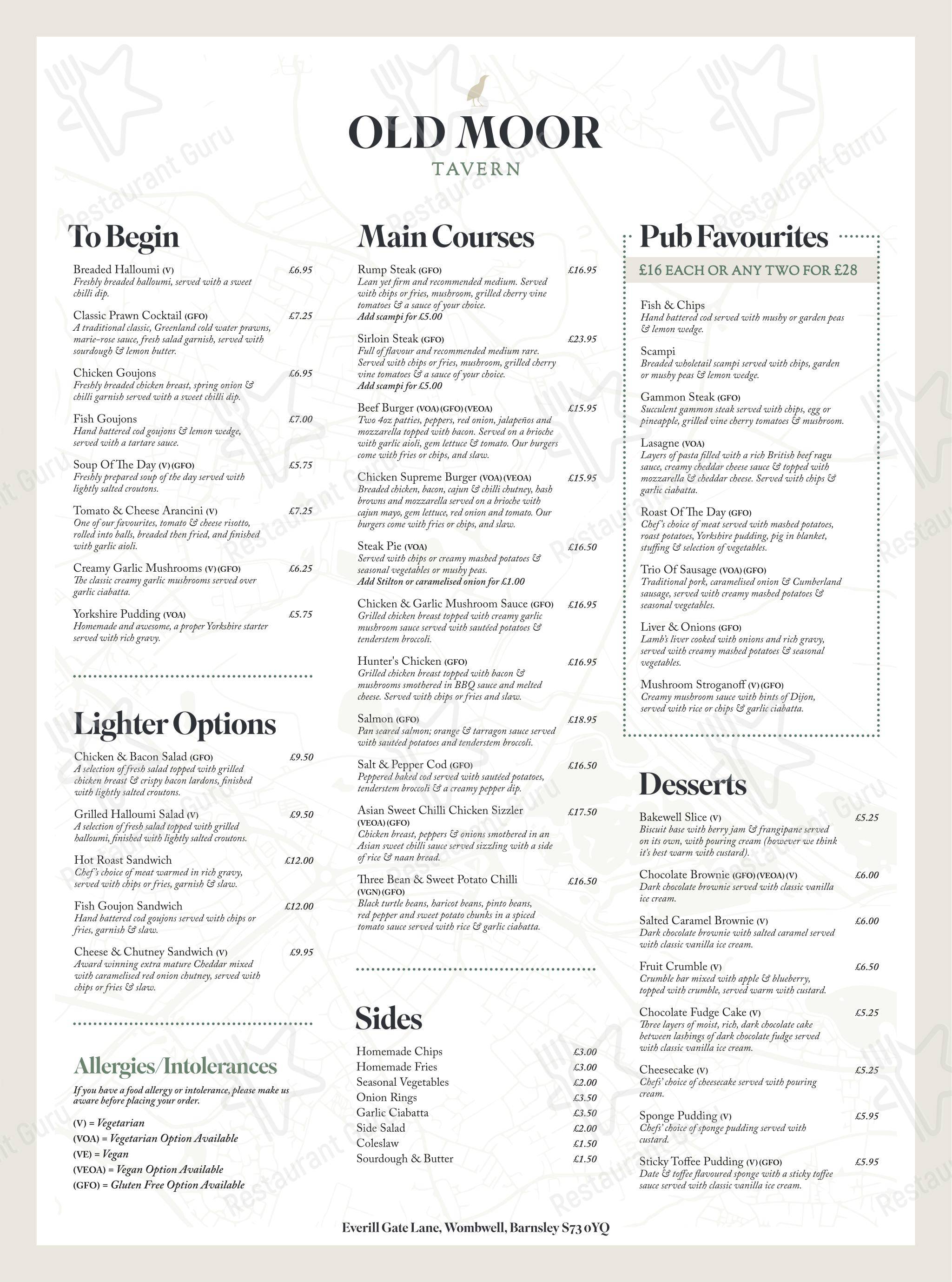 Menu at Old Moor Tavern pub & bar, Barnsley