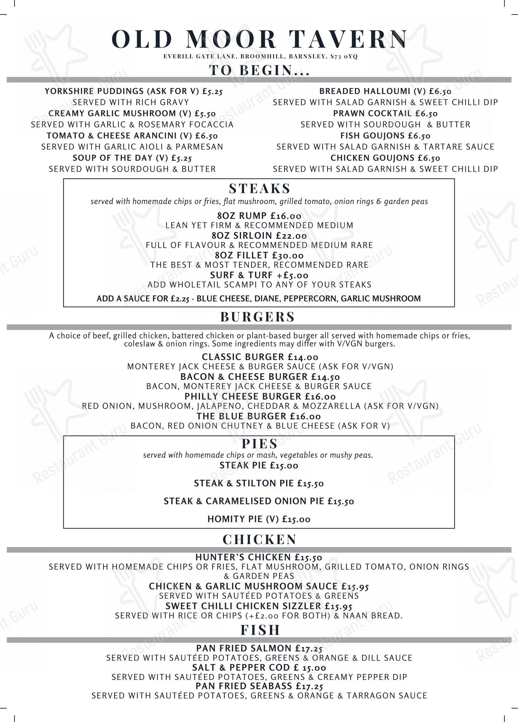 Menu at Old Moor Tavern pub & bar, Barnsley