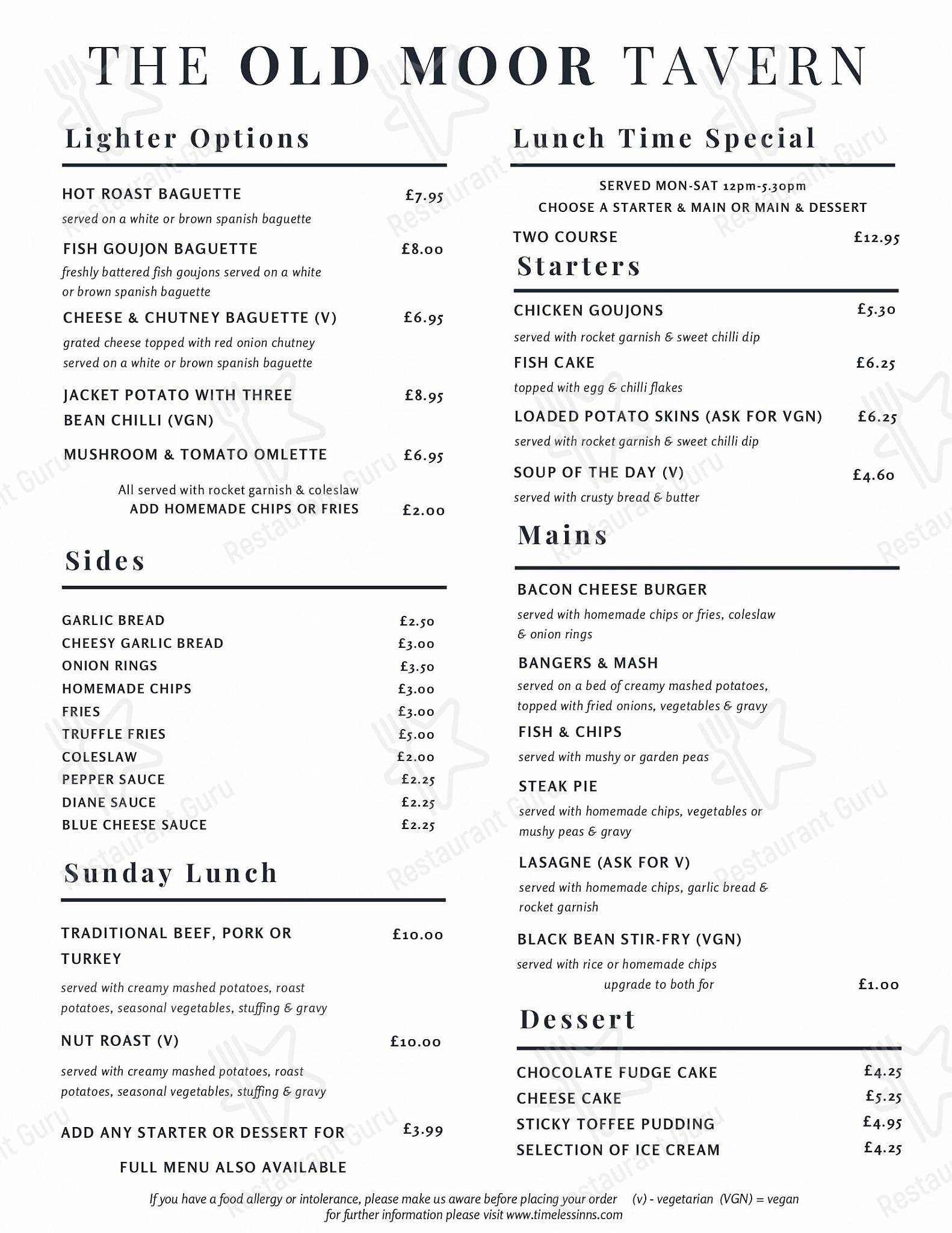 Menu at Old Moor Tavern pub & bar, Barnsley