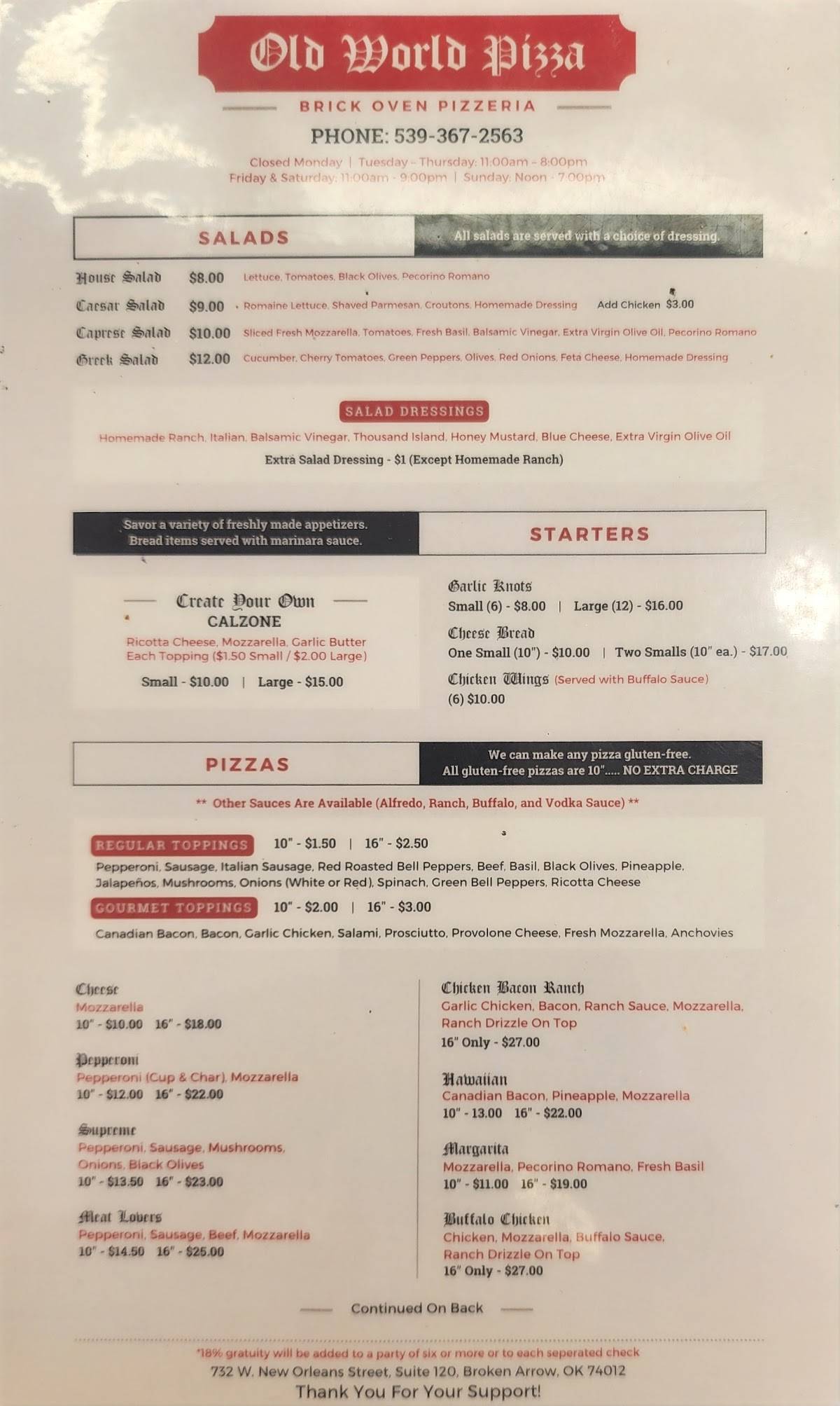 Menu at Old World Pizza pizzeria, Broken Arrow