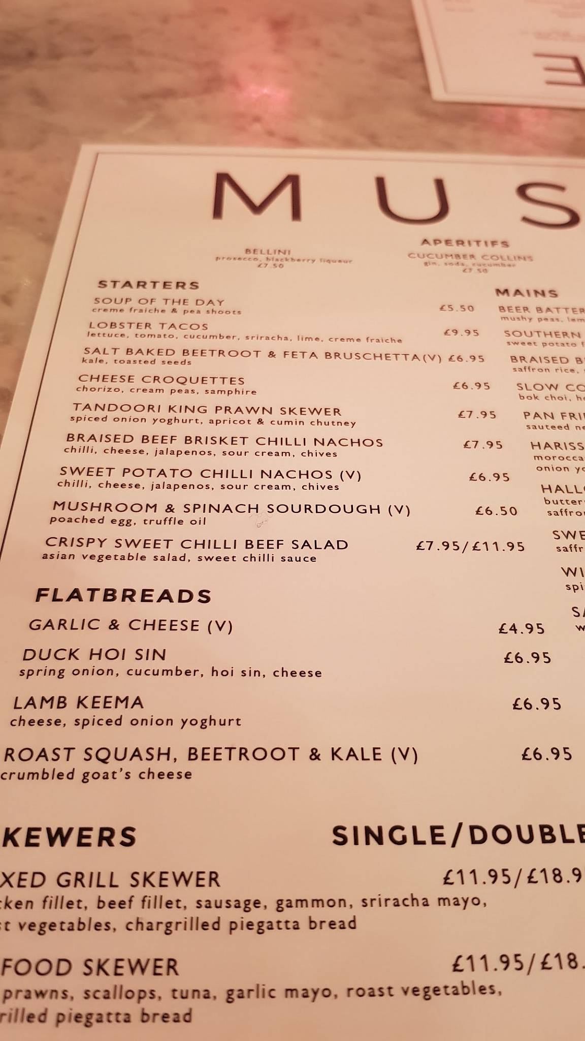Menu at Muse restaurant, Oldham