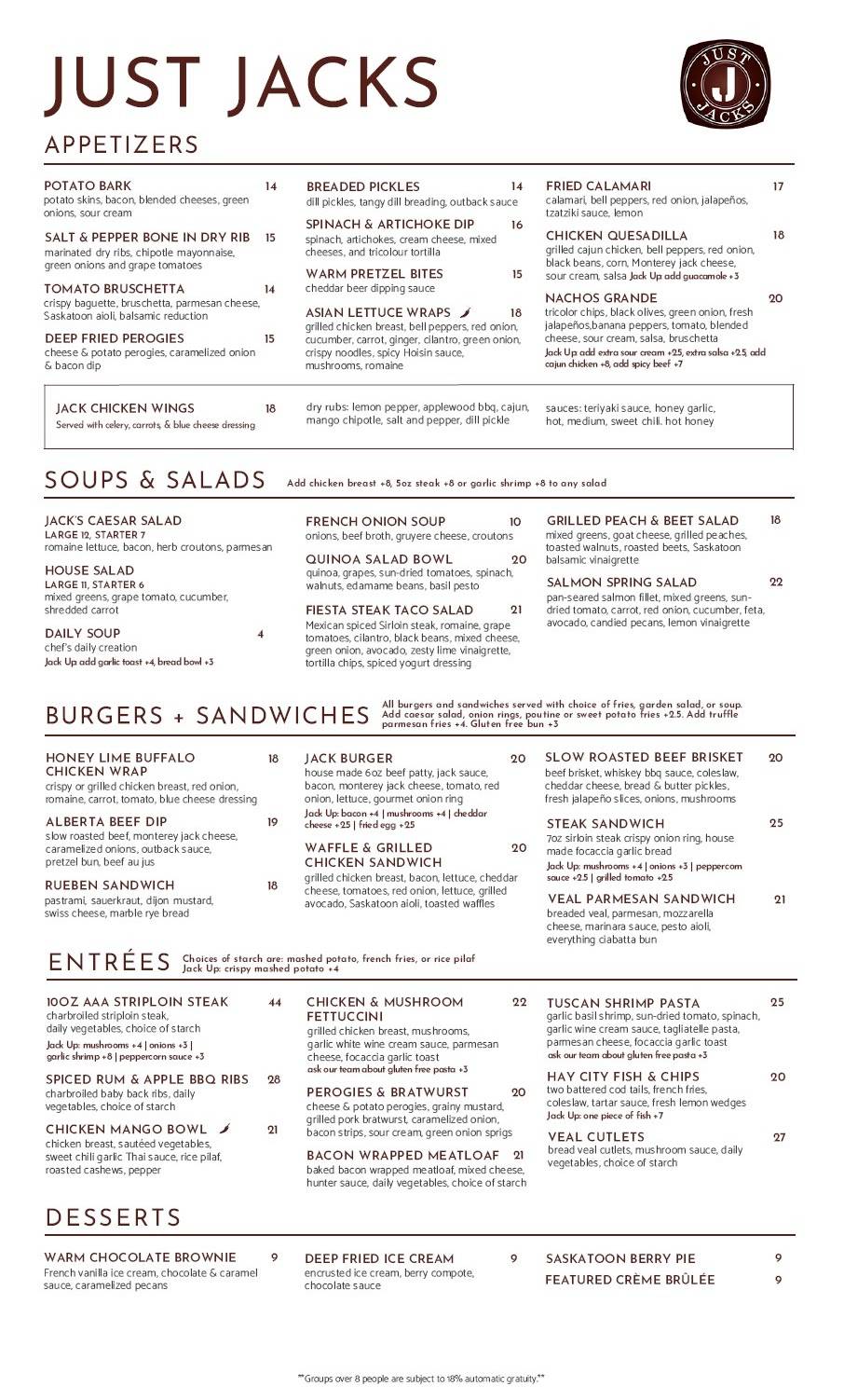 Menu at Just Jacks Restaurant, Olds