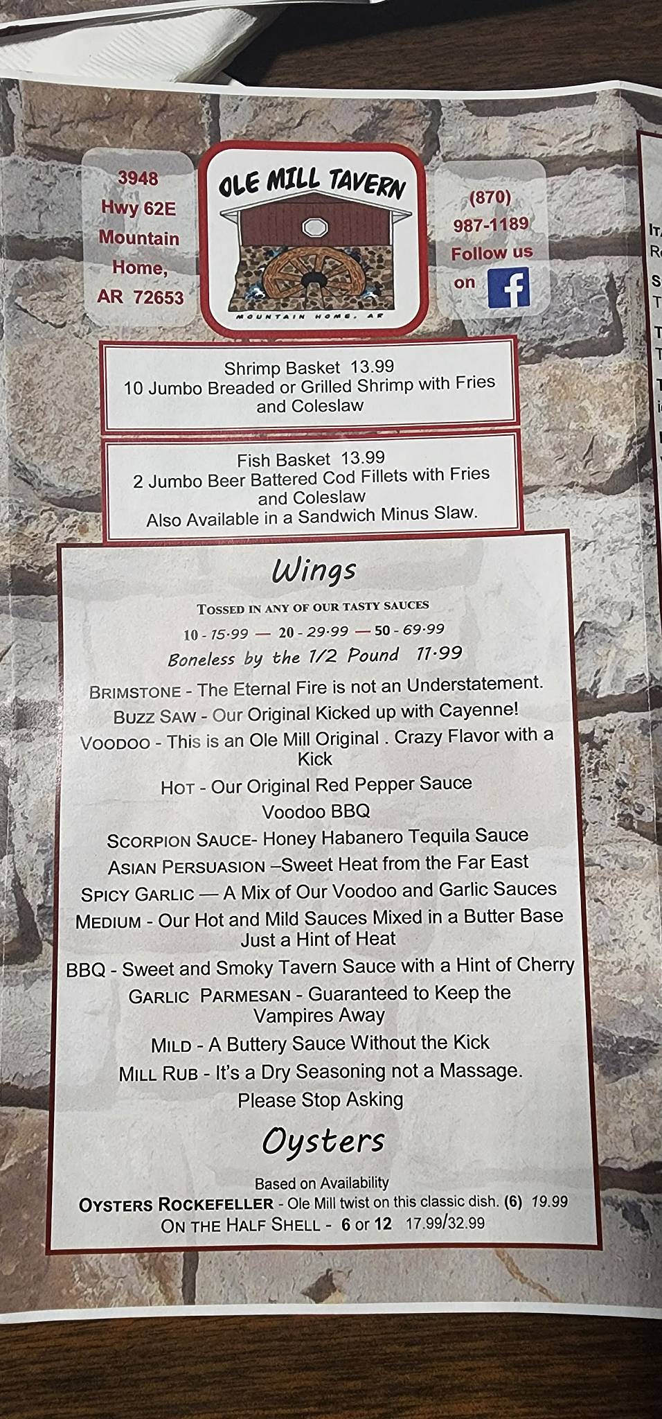 Menu at Ole Mill Tavern pub & bar, Mountain Home, US-62