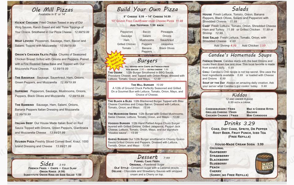 Menu at Ole Mill Tavern pub & bar, Mountain Home, US-62