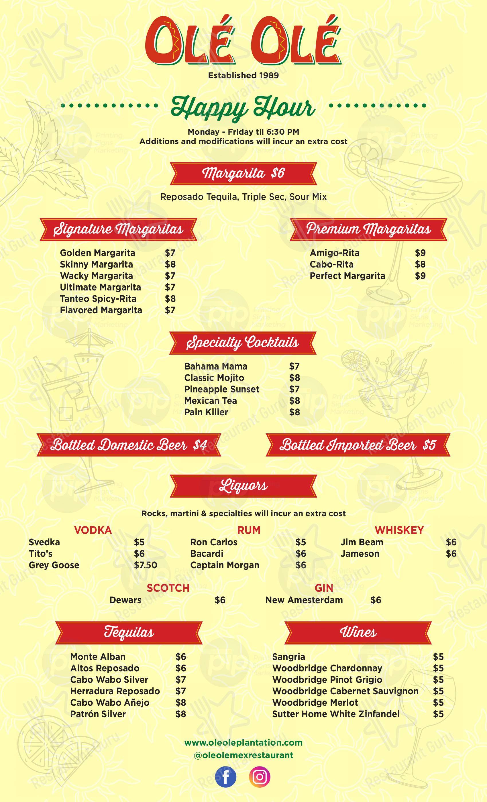 Menu at Ole' Ole' Mexican Grill & Cantina Restaurant, Plantation