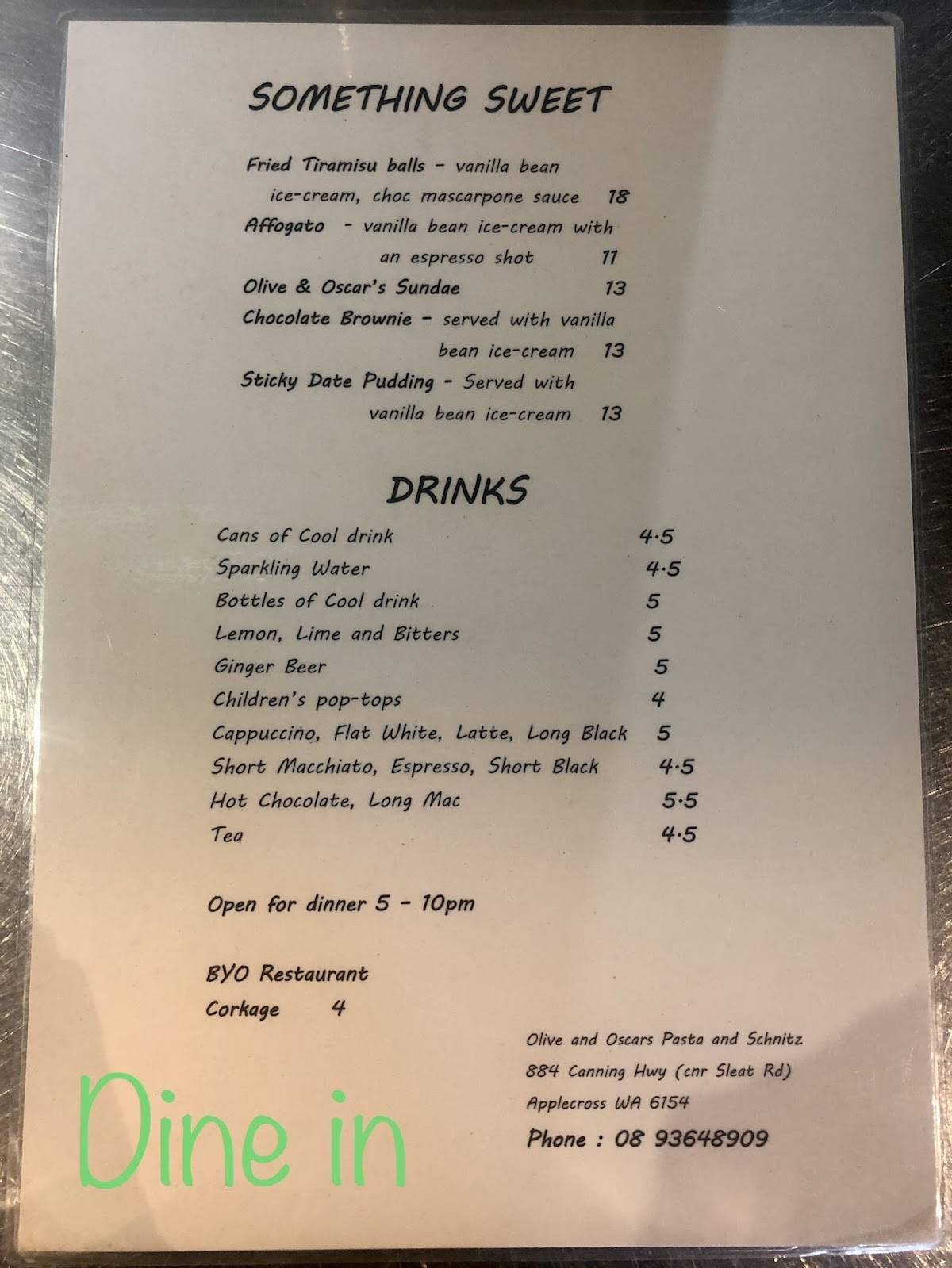 Menu at Olive And Oscars restaurant, Applecross