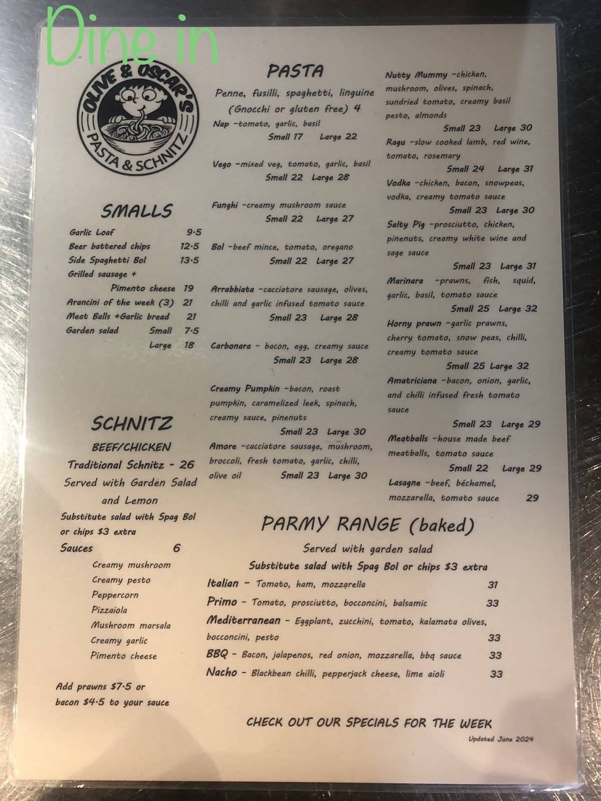 Menu at Olive And Oscars restaurant, Applecross