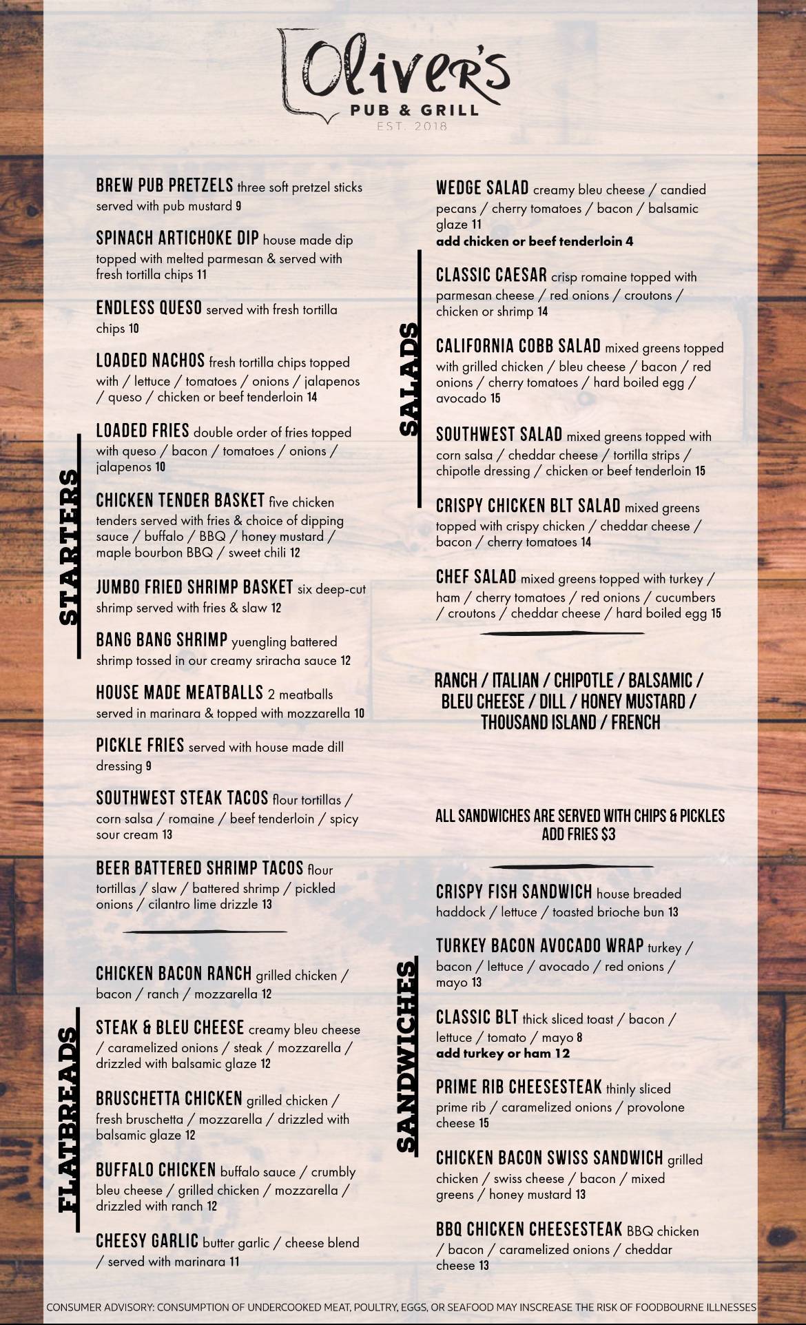 Menu at Oliver's Pub & Grill, Wysox