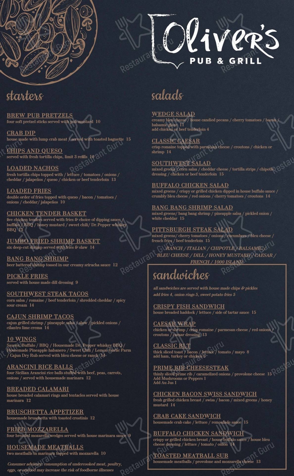Menu at Oliver's Pub & Grill, Wysox