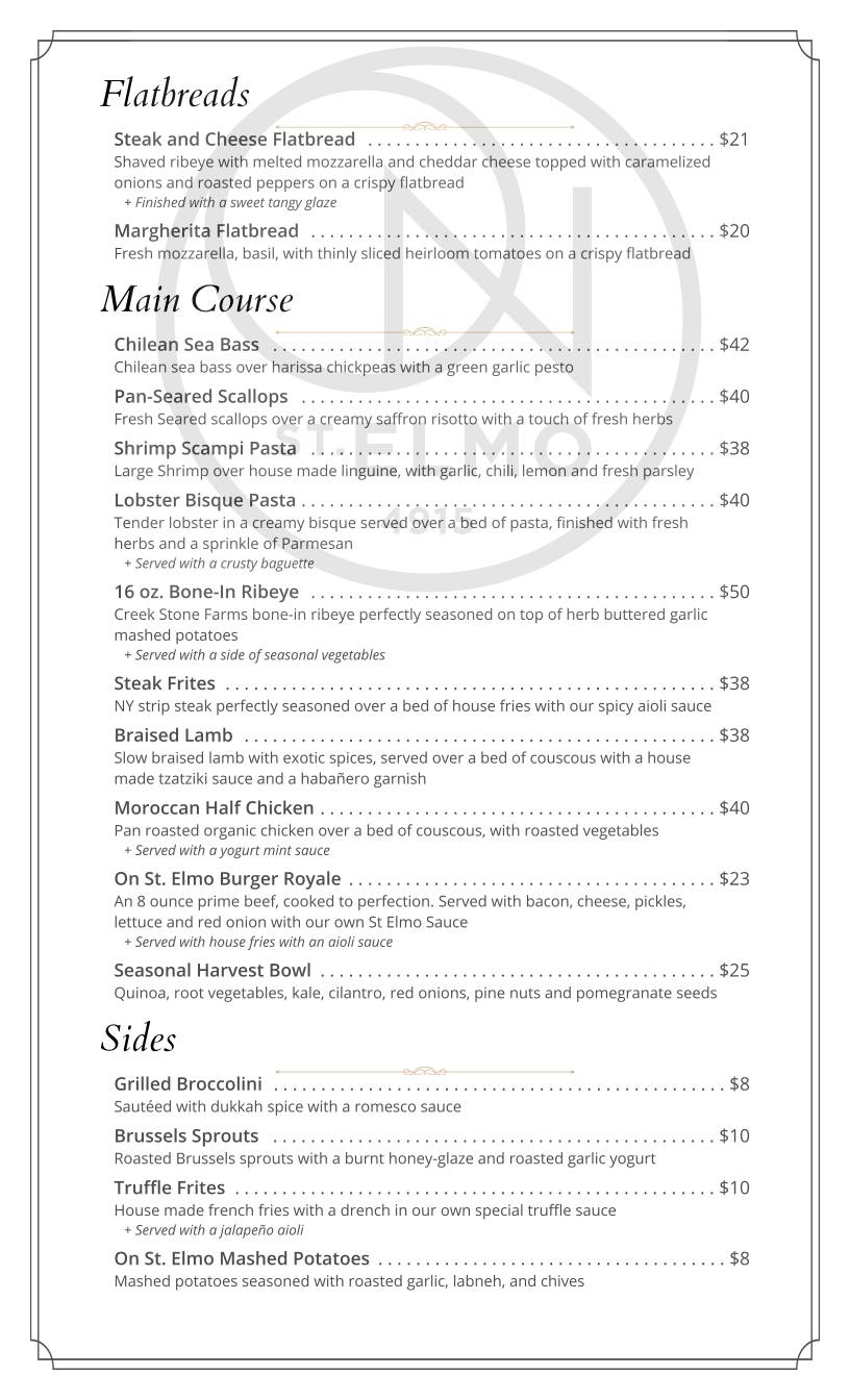 Menu at On St. Elmo restaurant, Bethesda