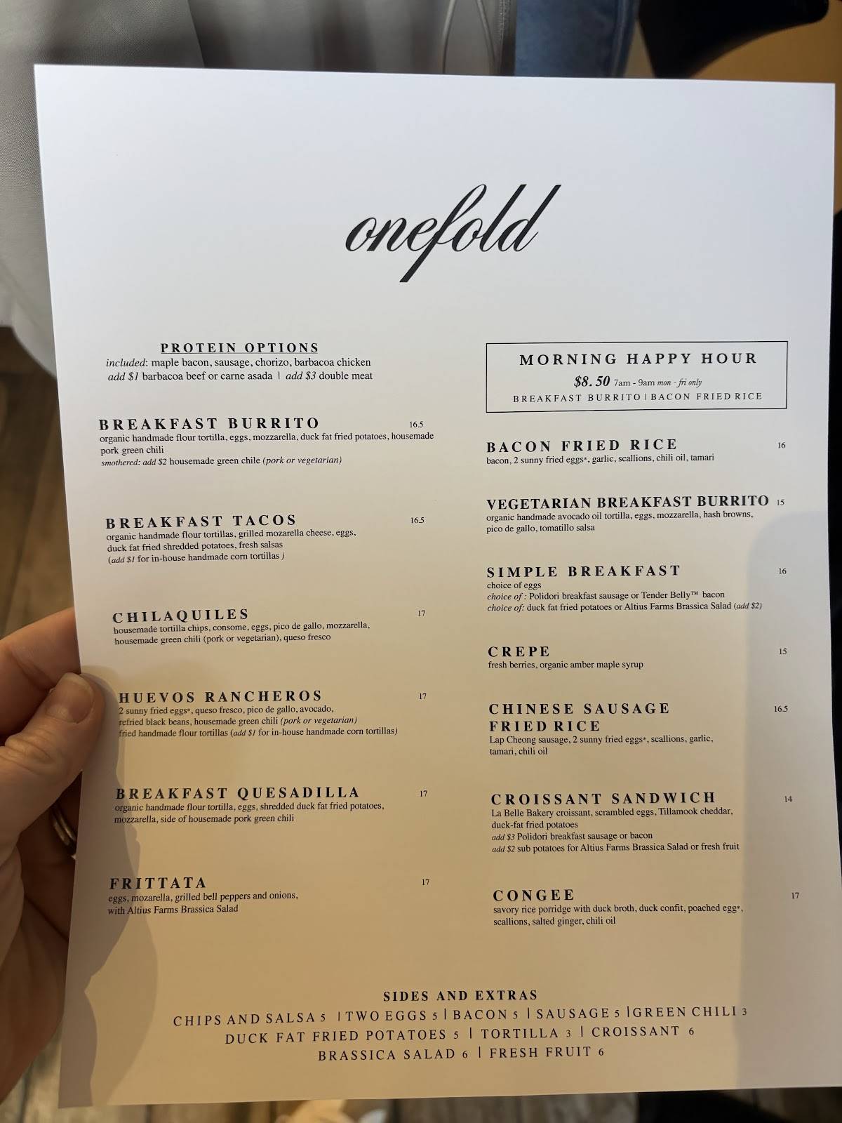 Menu at Onefold cafe, Denver, E 18th Ave