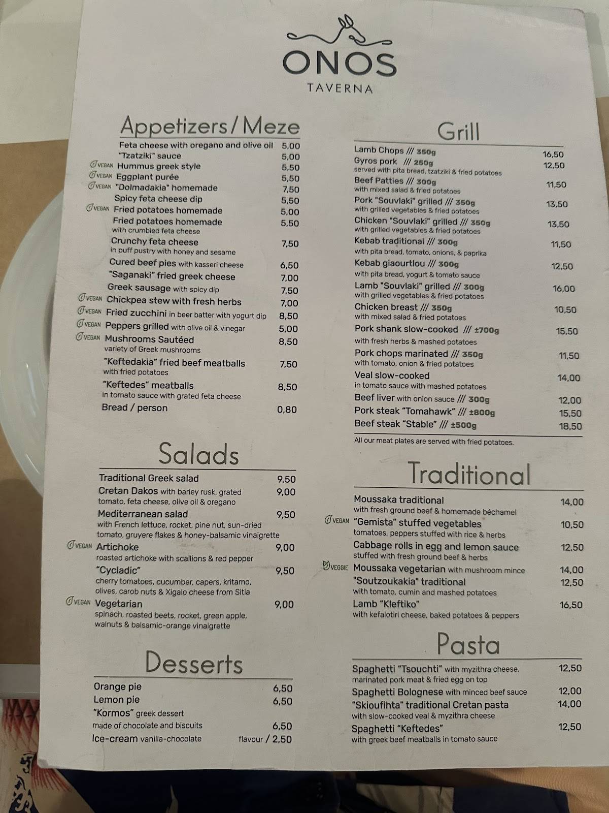 Menu at Onos Taverna, Athens