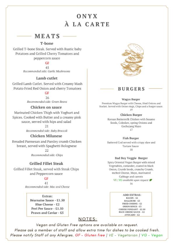 Menu at Onyx Restaurant & Bar, Hornchurch