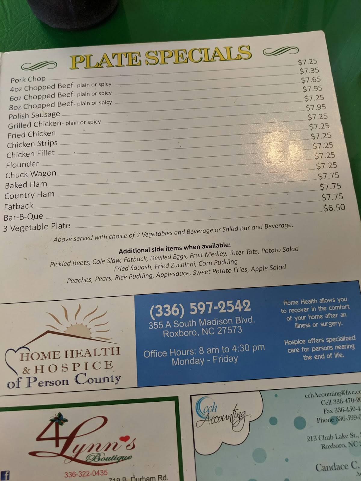 Menu at Open Kettle restaurant, Roxboro