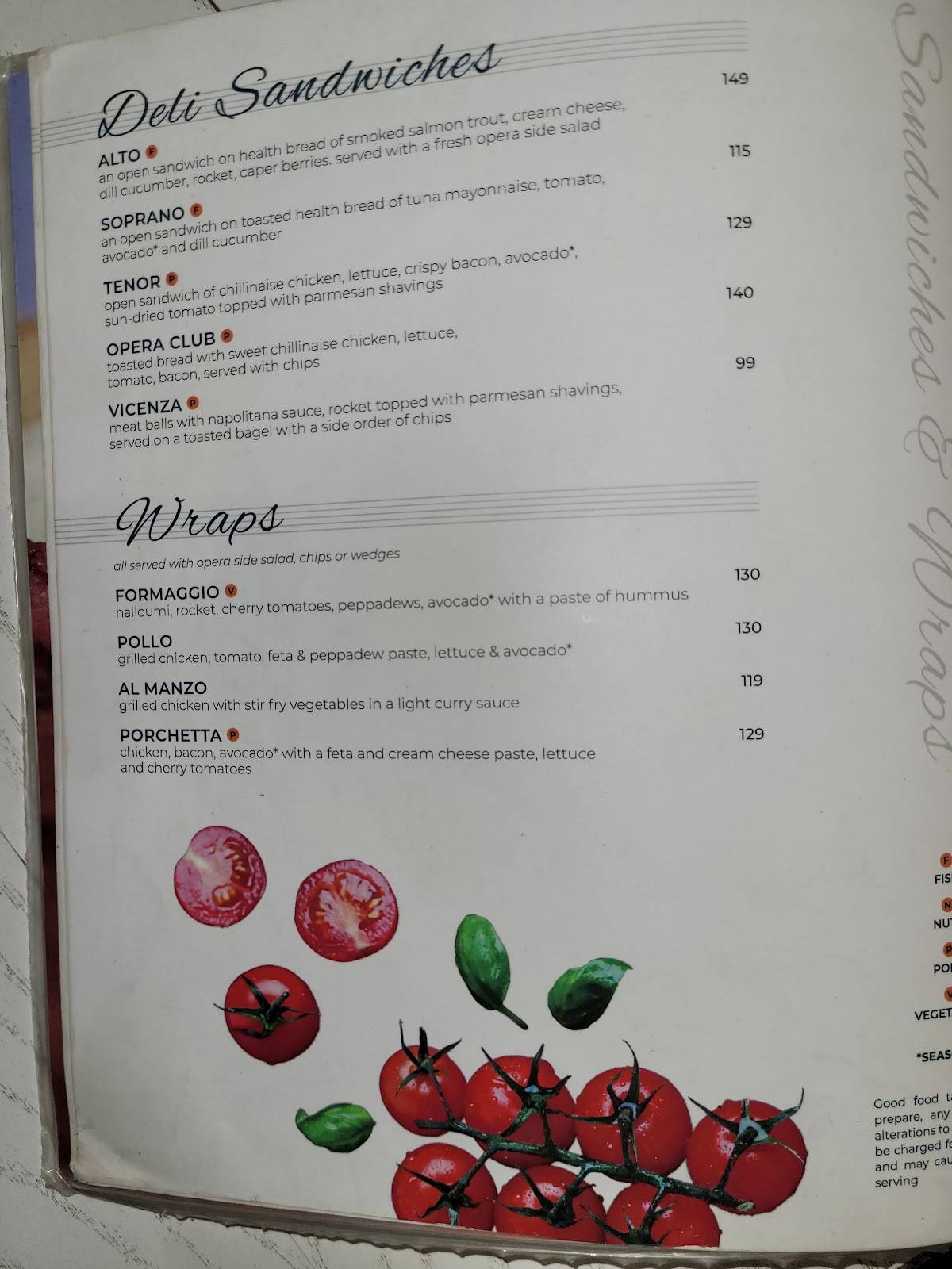 Menu at Opera restaurant, Johannesburg, 213 Cradock Ave
