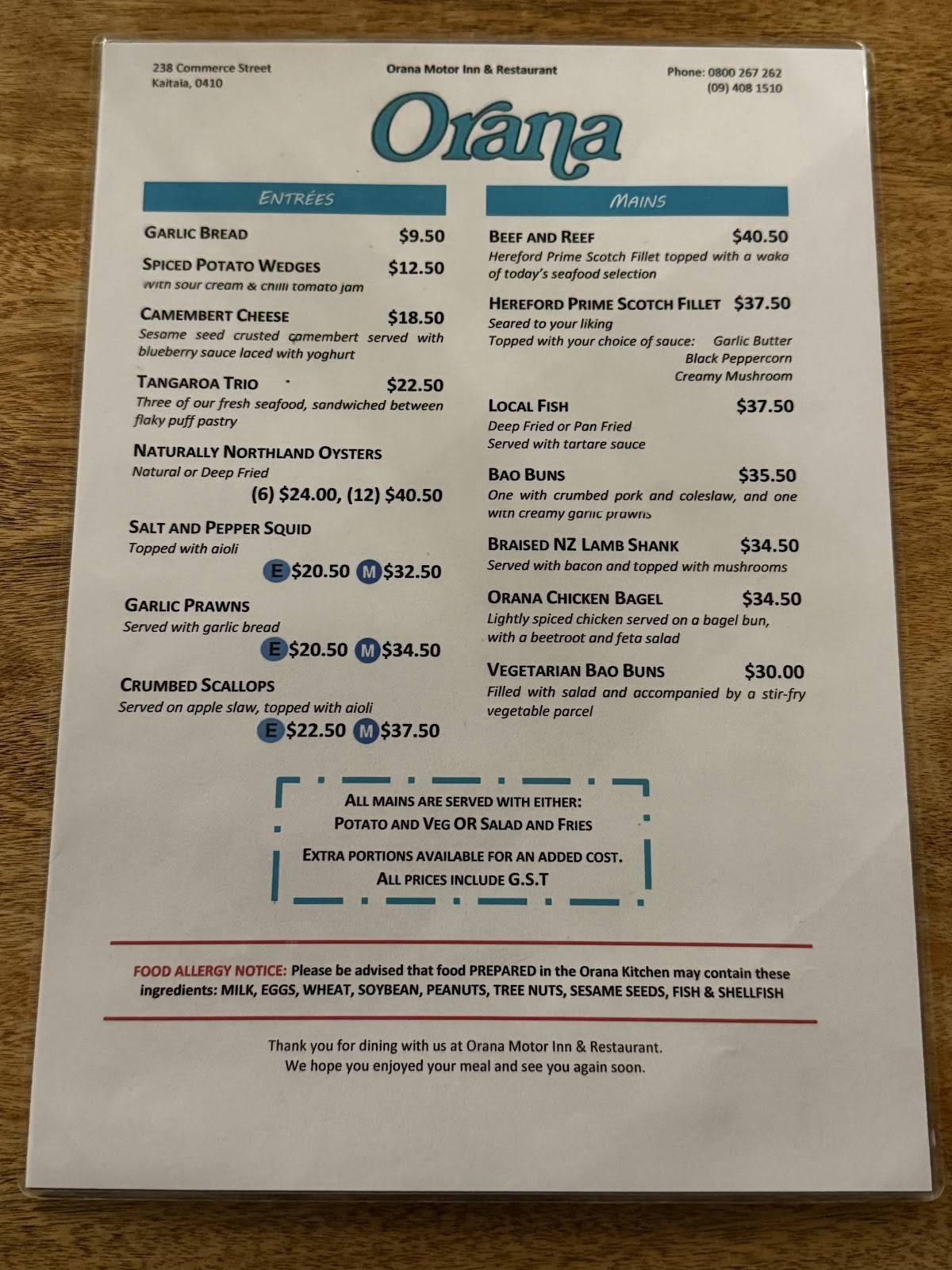 Menu at Orana Motor Inn & Restaurant, Kaitaia