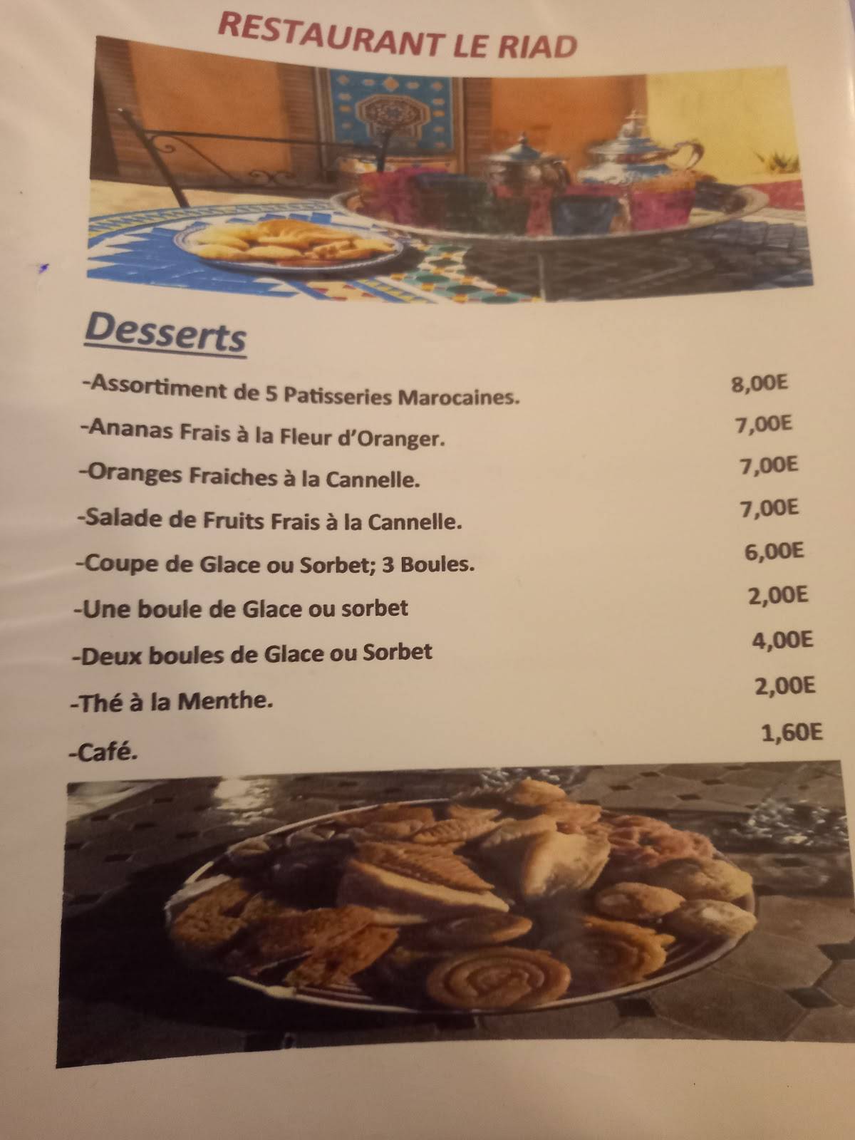 Menu au Le Riad restaurant, Orange