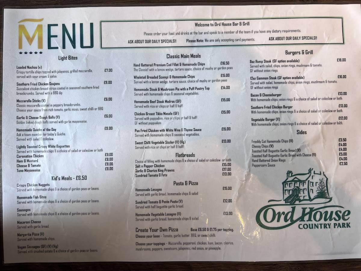 Menu at Ord House Lounge Bar & Grill, Berwick-upon-Tweed