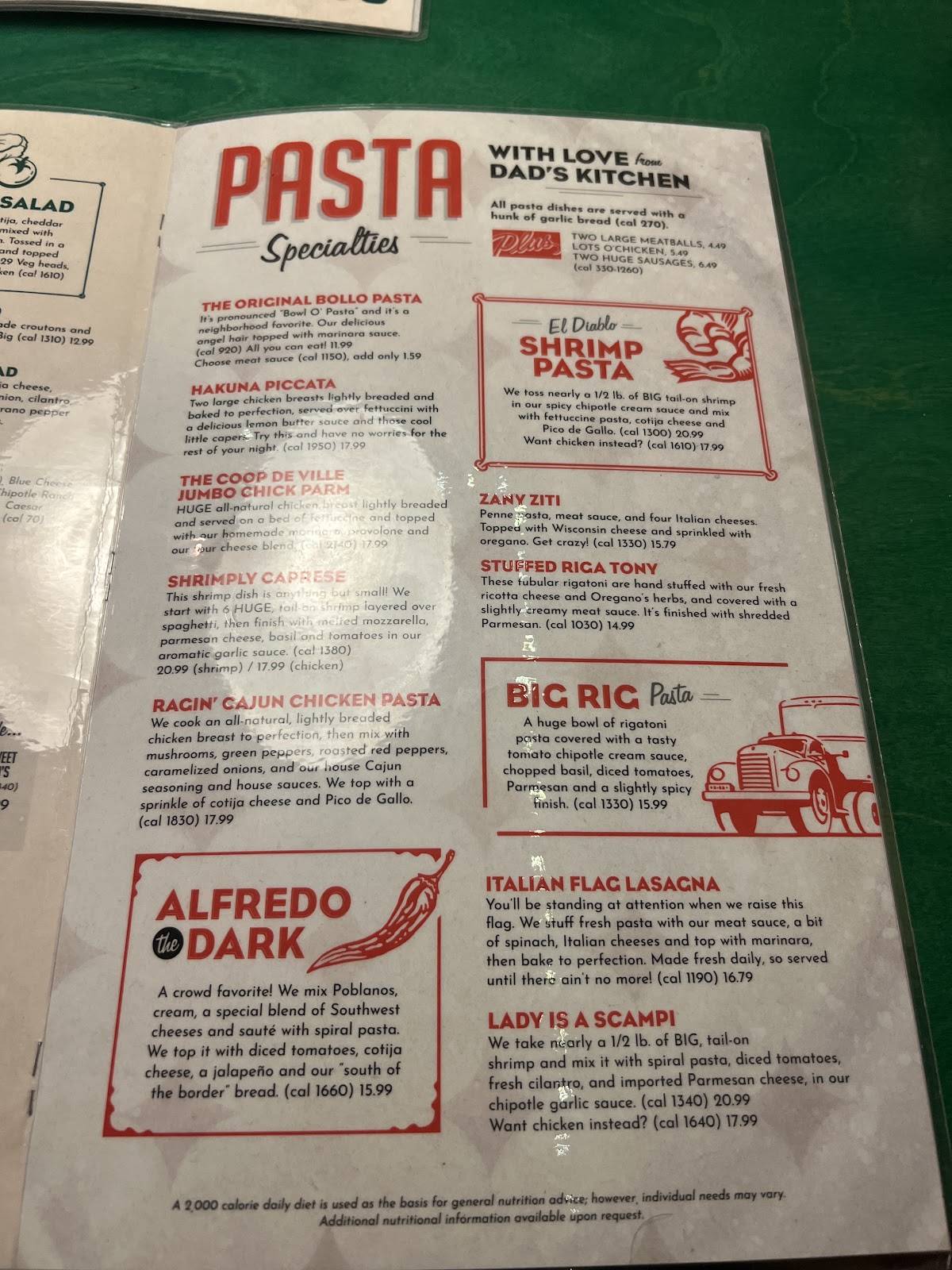 Menu at Oregano's pizzeria, Scottsdale, N Pima Rd