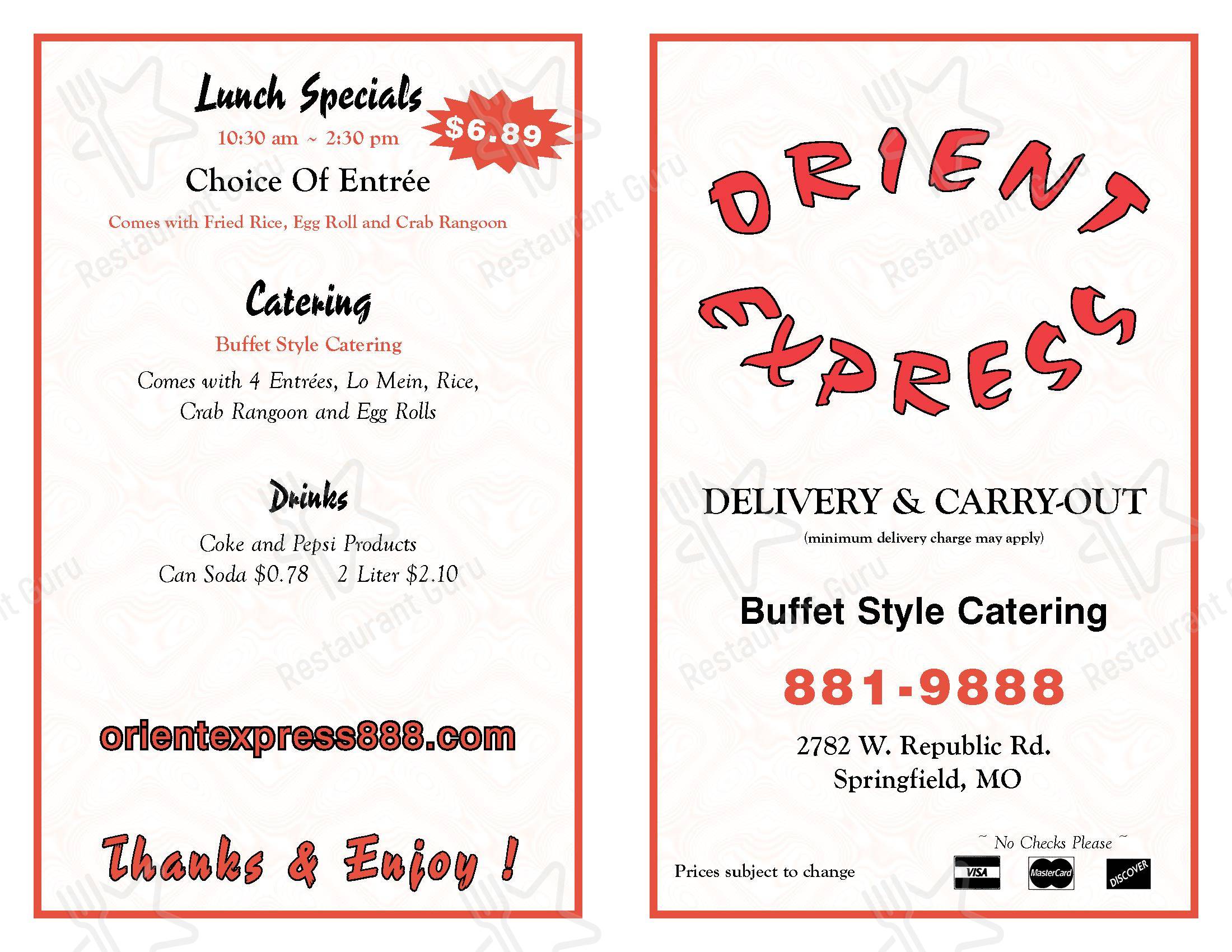 Menu at Orient Express Delivery restaurant, Joplin, 215 E 20th St