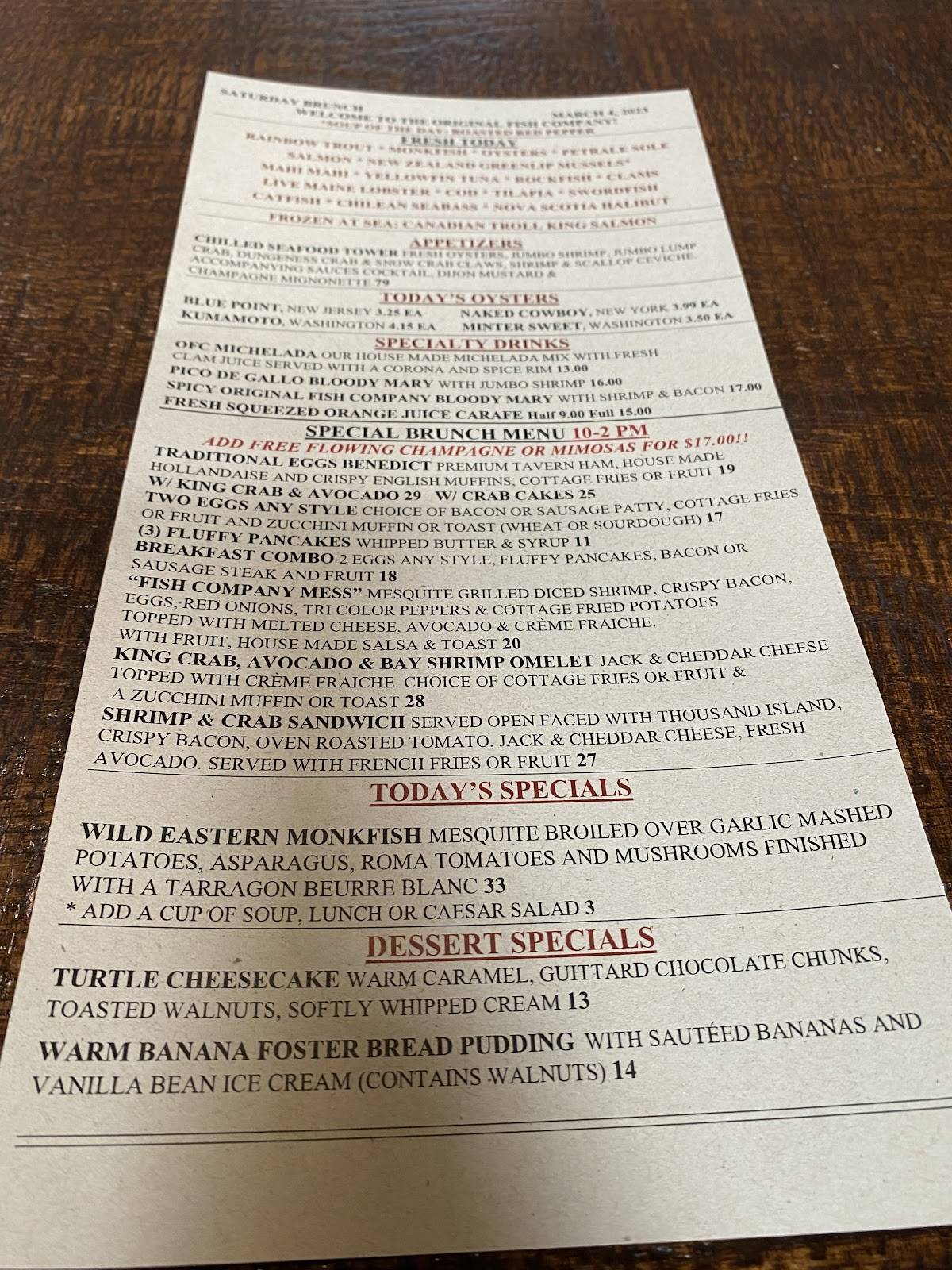 Menu at Original Fish Co. restaurant, Los Alamitos