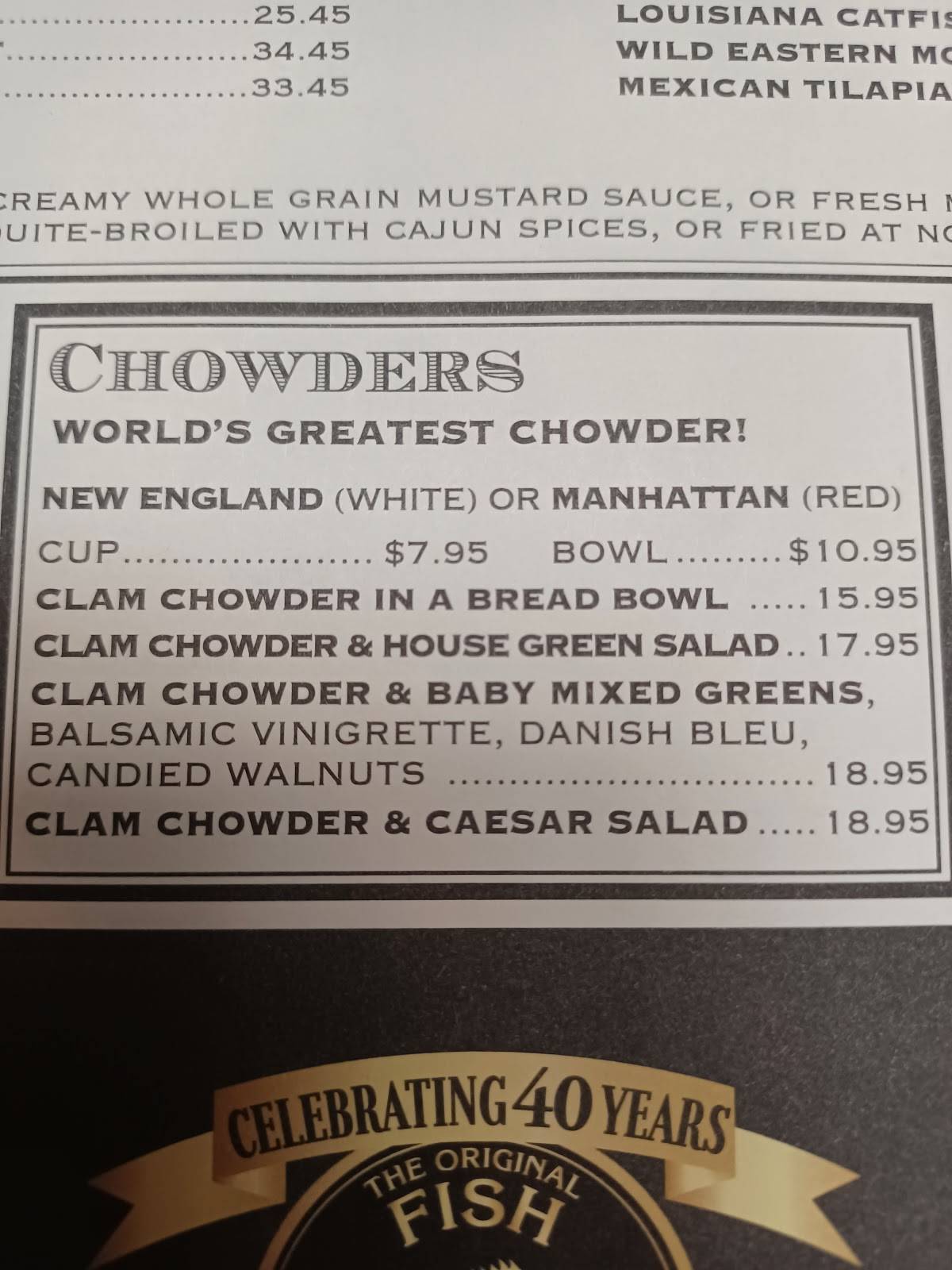 Menu at Original Fish Co. restaurant, Los Alamitos