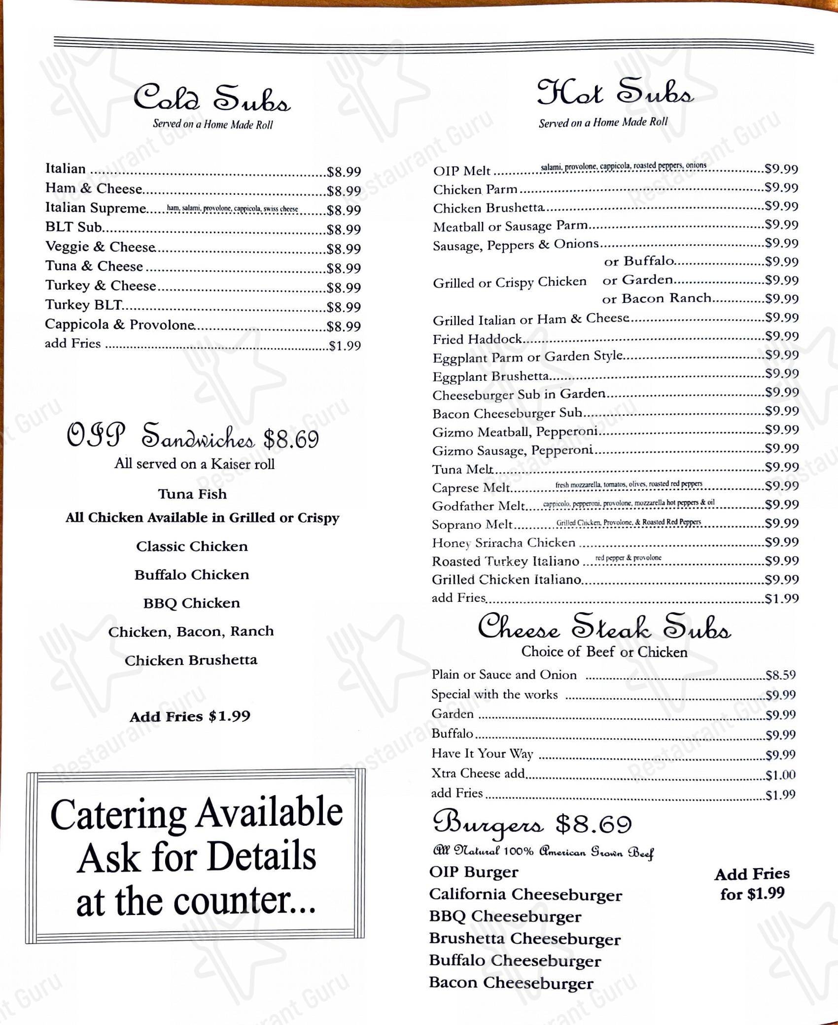 Menu at Original Italian pizza frackville pizzeria, Frackville