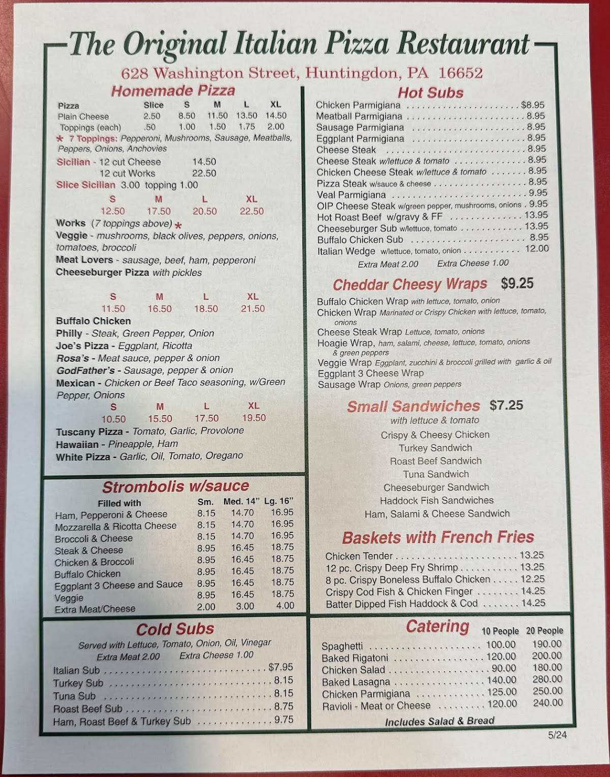 Menu at Original Italian Pizza pizzeria, Huntingdon, 628 Washington St