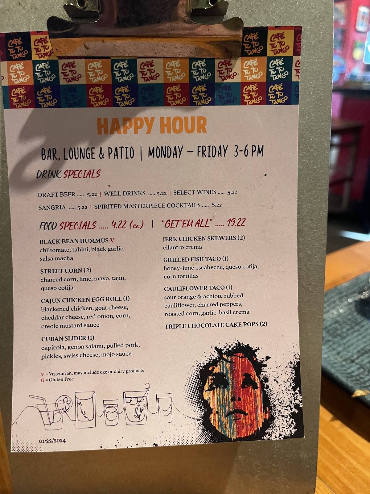 Menu at Café Tu Tu Tango restaurant, Orlando, International Dr