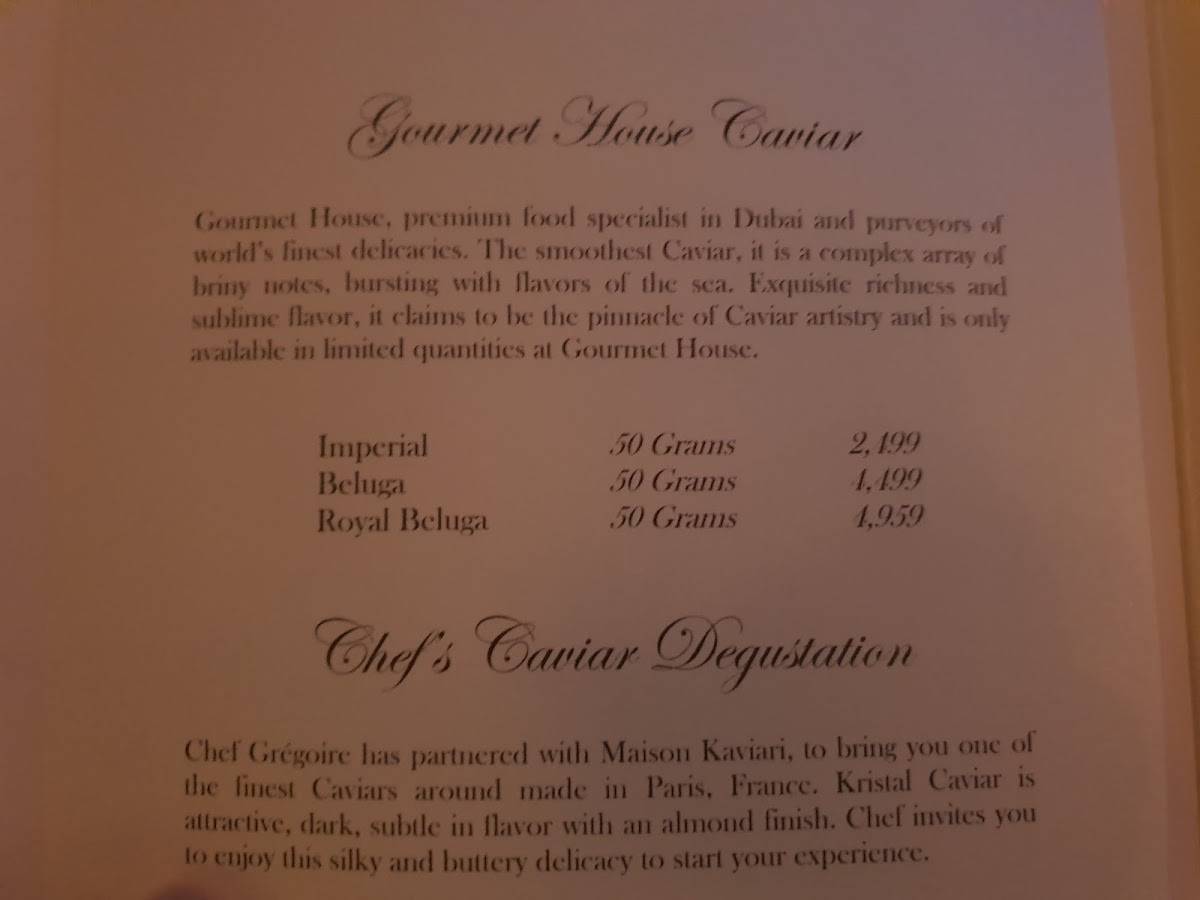 Menu at Ossiano restaurant, Dubai