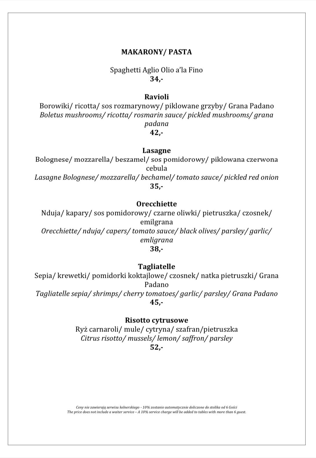 Menu at Osteria Fino restaurant, Gdynia, Starodworcowa 1C