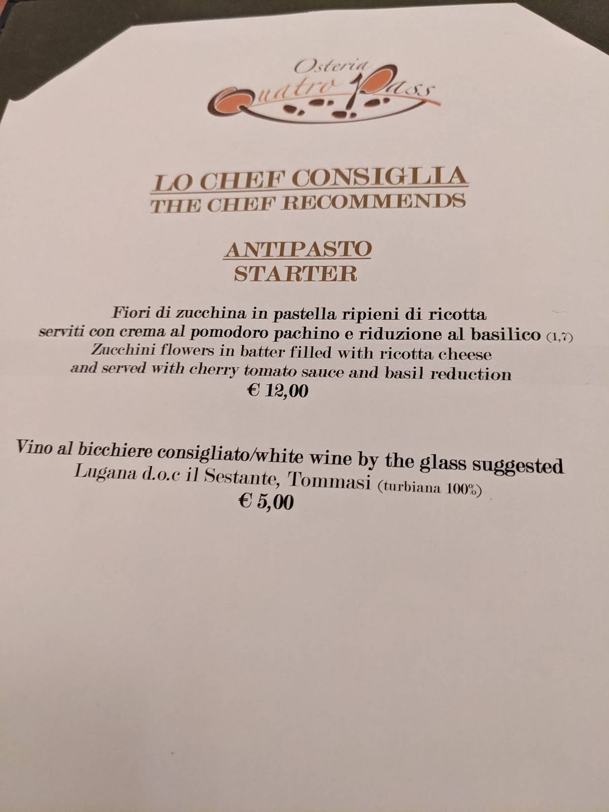 Menu at Osteria Quatro Pass restaurant, Varenna