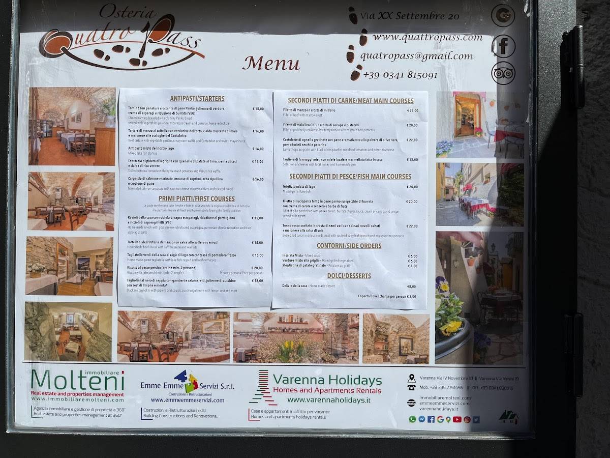 Menu at Osteria Quatro Pass restaurant, Varenna