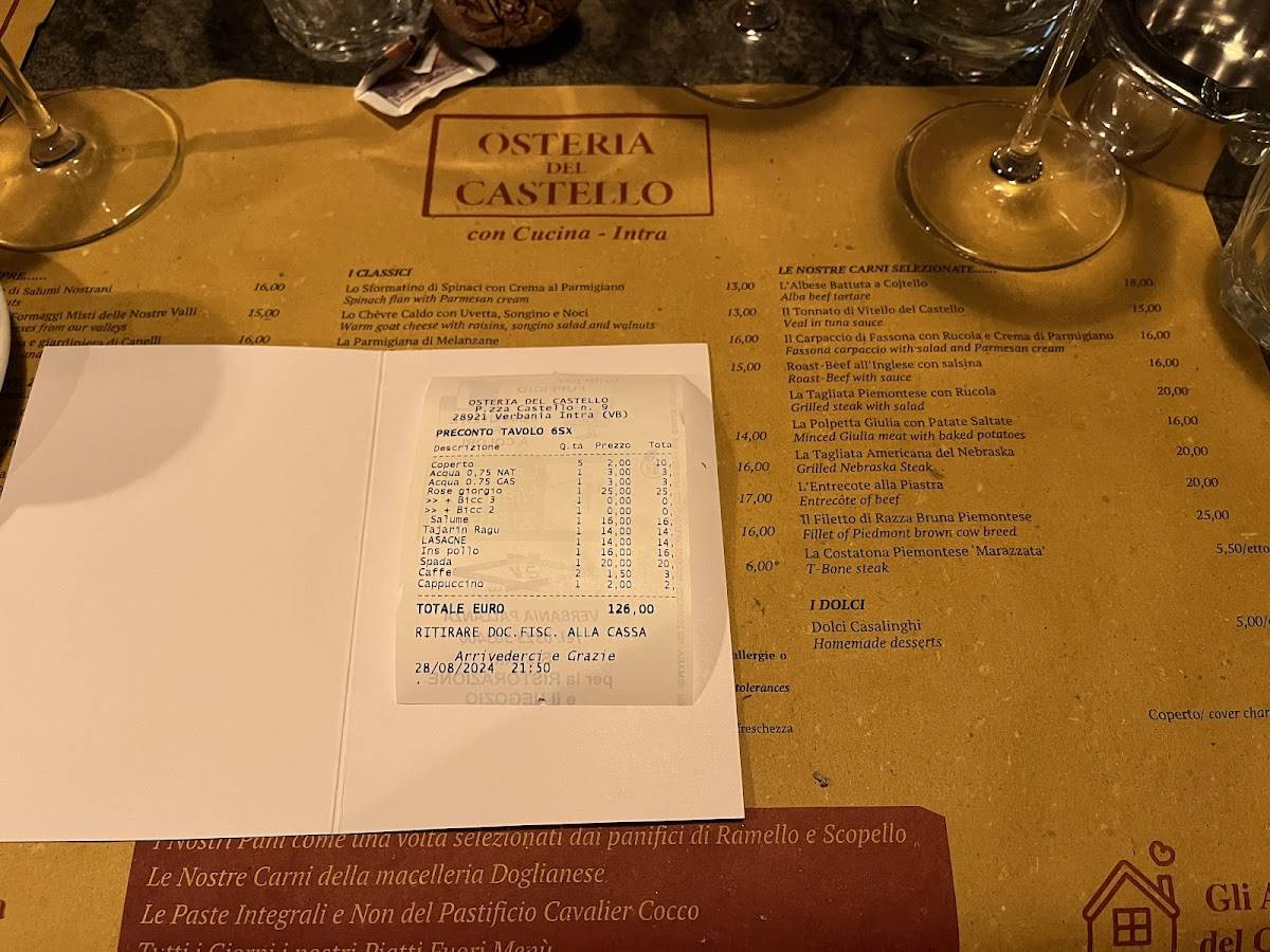 Menu au Osteria del Castello restaurant, Verbania
