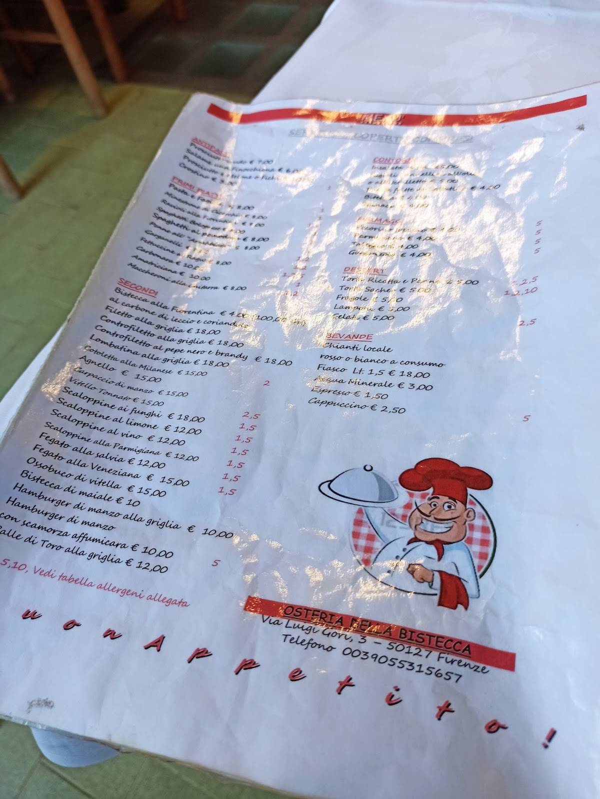 Menu da Osteria della Bistecca steakhouse, Firenze
