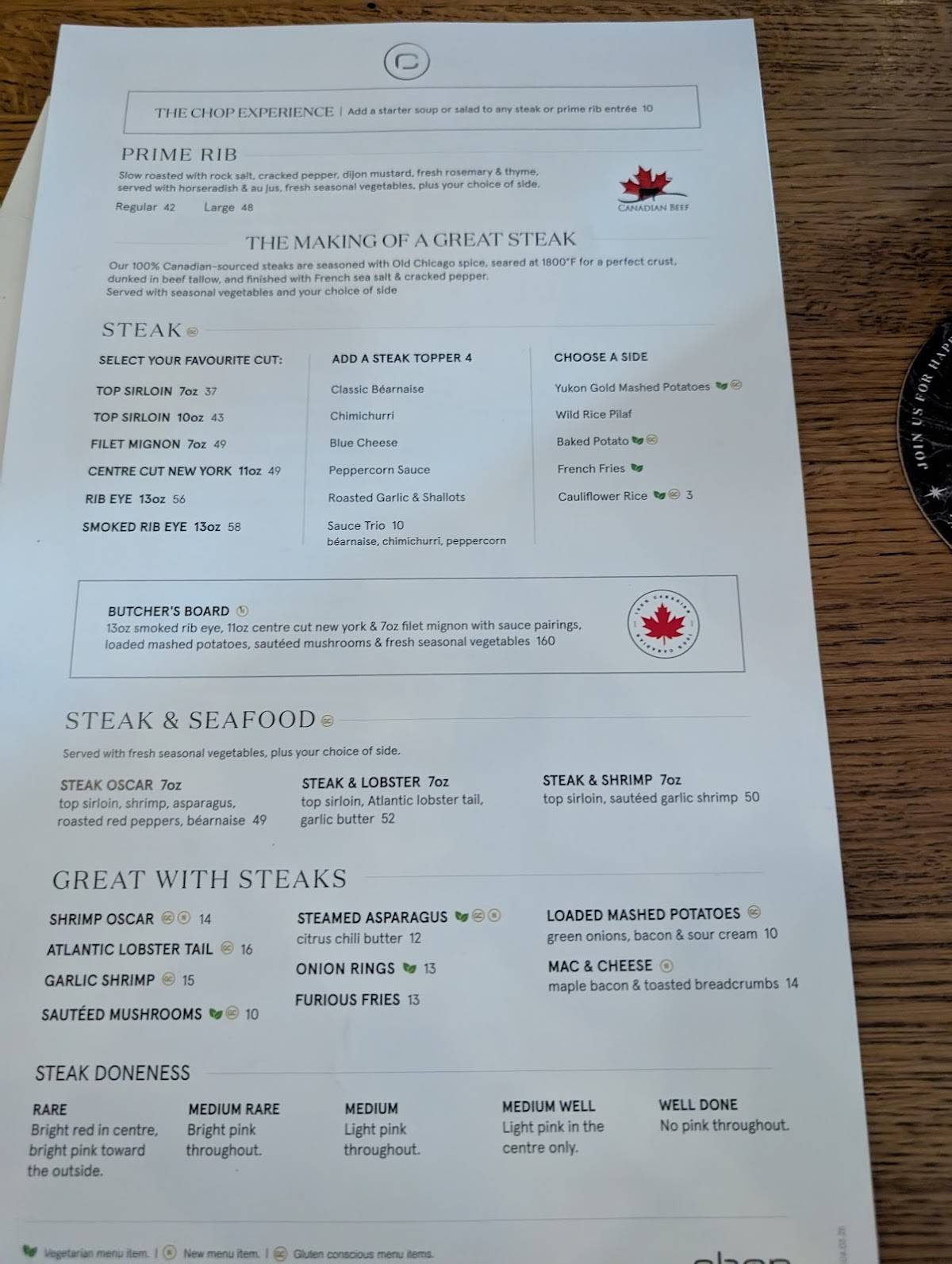 Menu at Chop Steakhouse & Bar, Ottawa